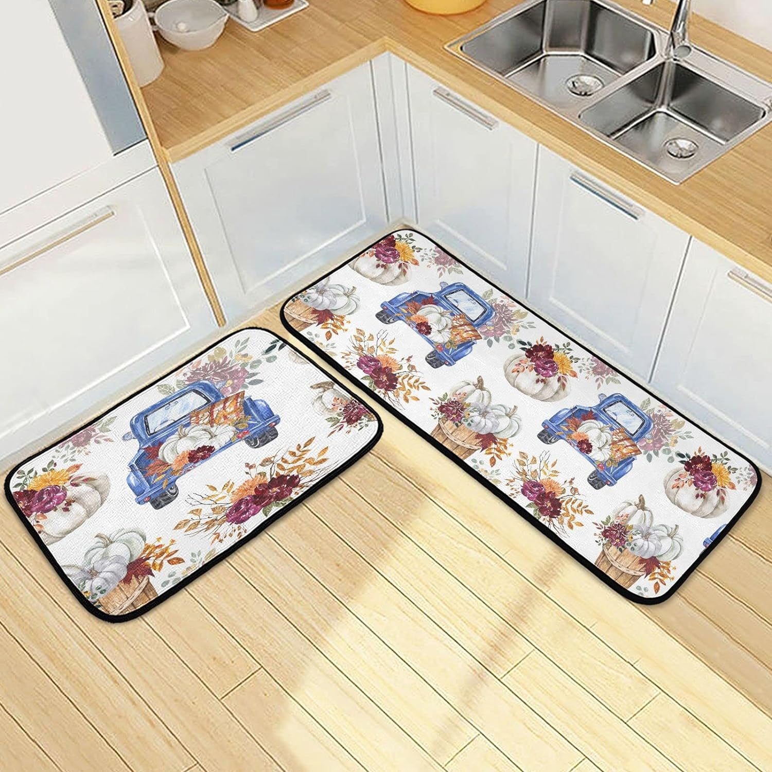 SKYSONIC Blue Harvest Truck Kitchen Rugs Set of 2, Fall White Pumpkins ...