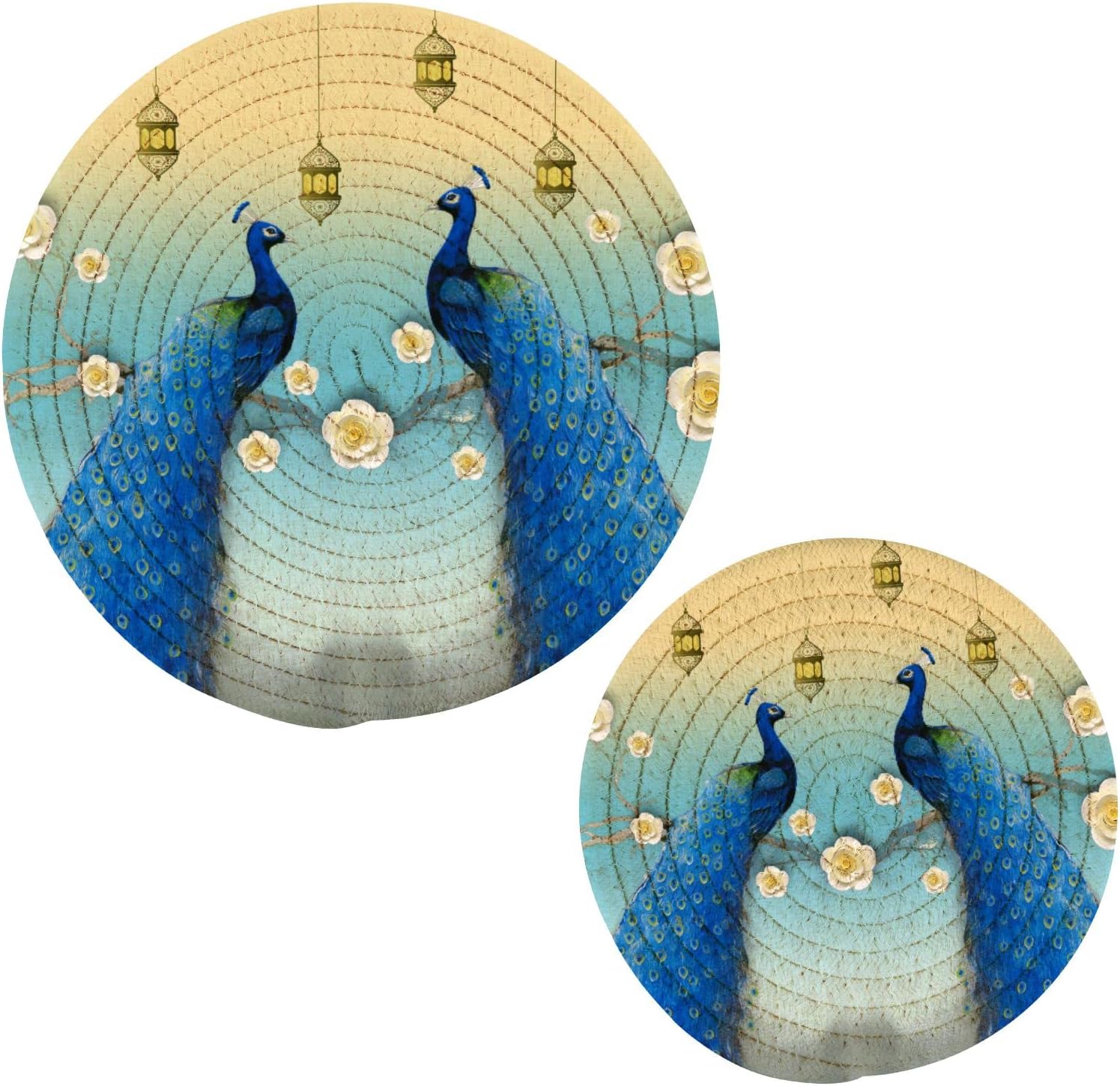 SKYSONIC Blue Peacock Watercolor Pot Holders Trivets, 2 Pcs Heat ...