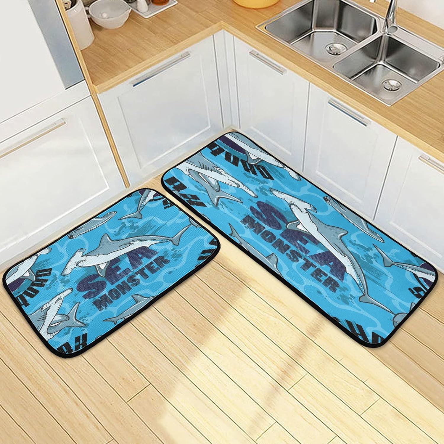 SKYSONIC Blue Sharks Ocean Kitchen Mats and Rugs Sea Monster Floor ...
