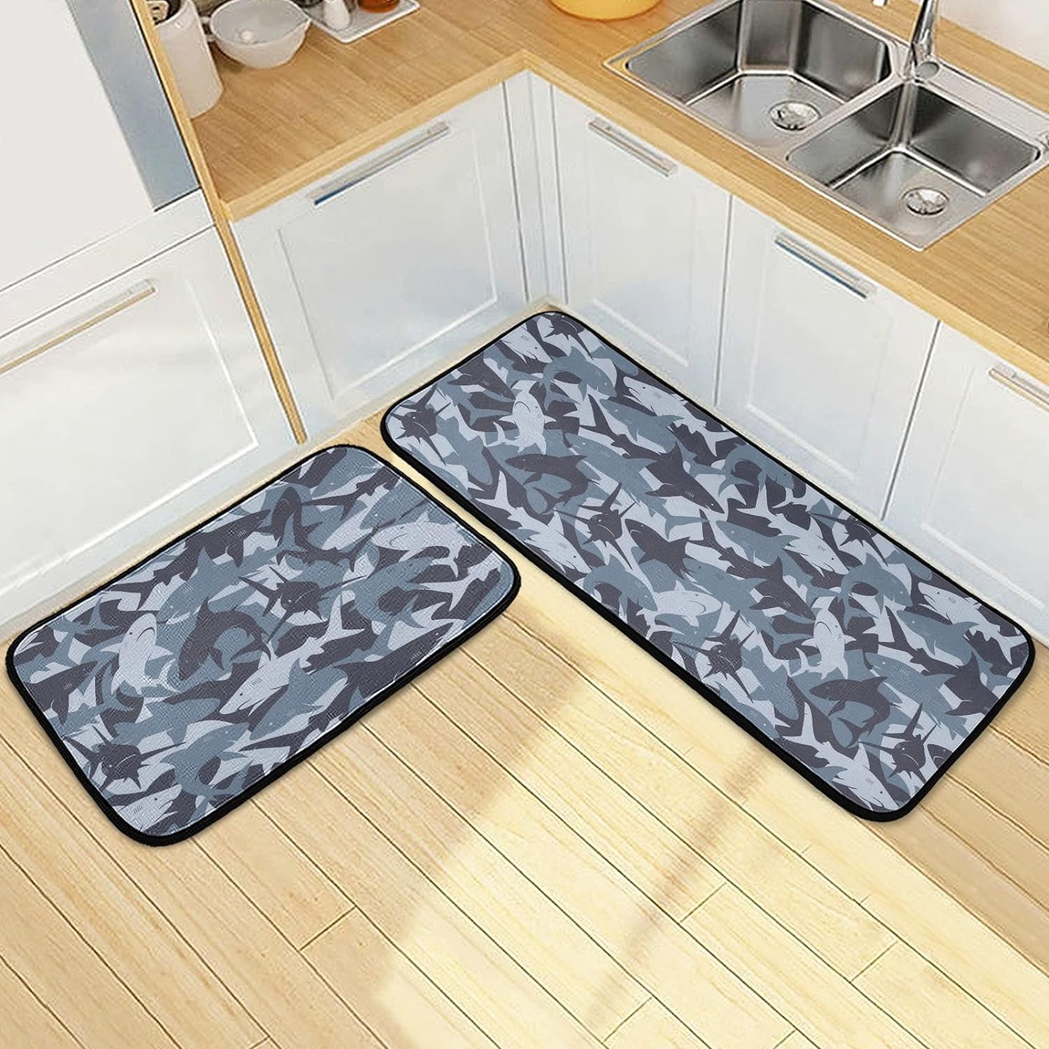 SKYSONIC Blue Sharks Ocean Kitchen Mats and Rugs Sea Seamless Pattern ...