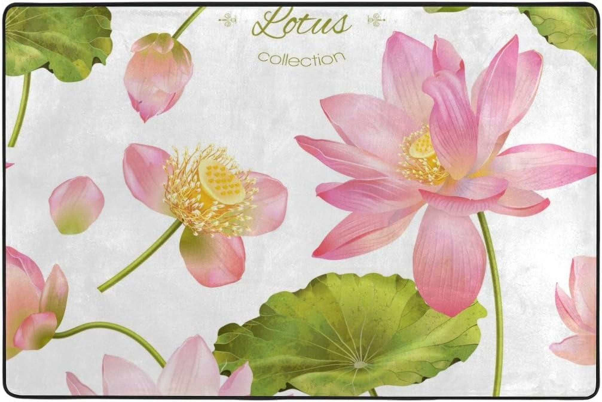 SKYSONIC Botanical Pink Lotus Flowers Area Rug Pad 24x36 Inch 100% ...