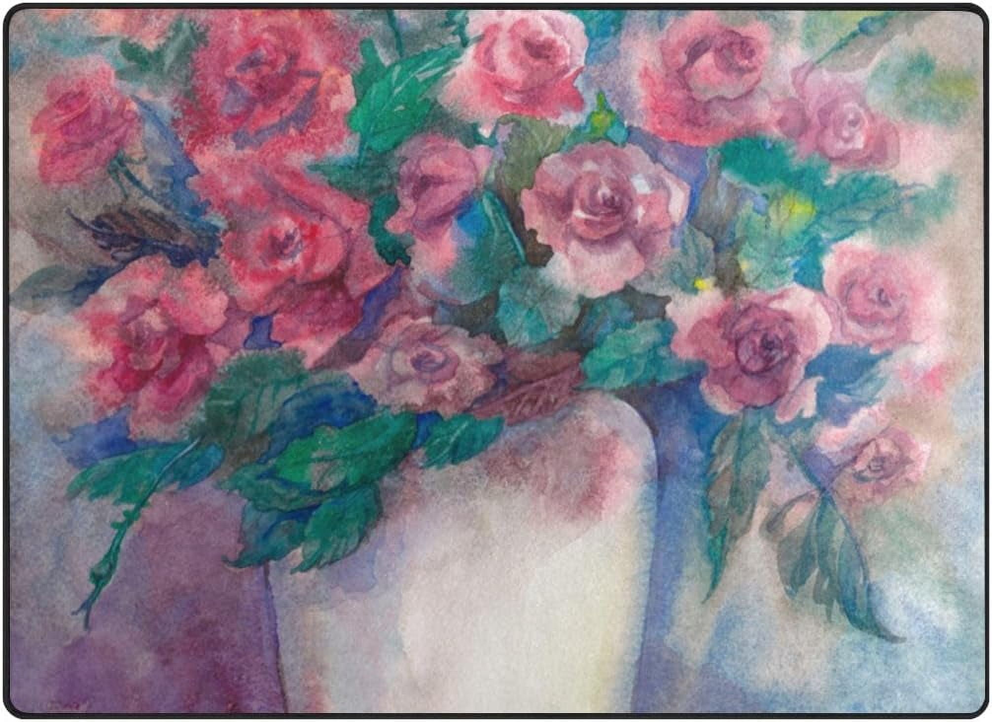 SKYSONIC Bouquet Beautiful Pink Roses Area Rug Pad - 63x48 inch - 100% ...
