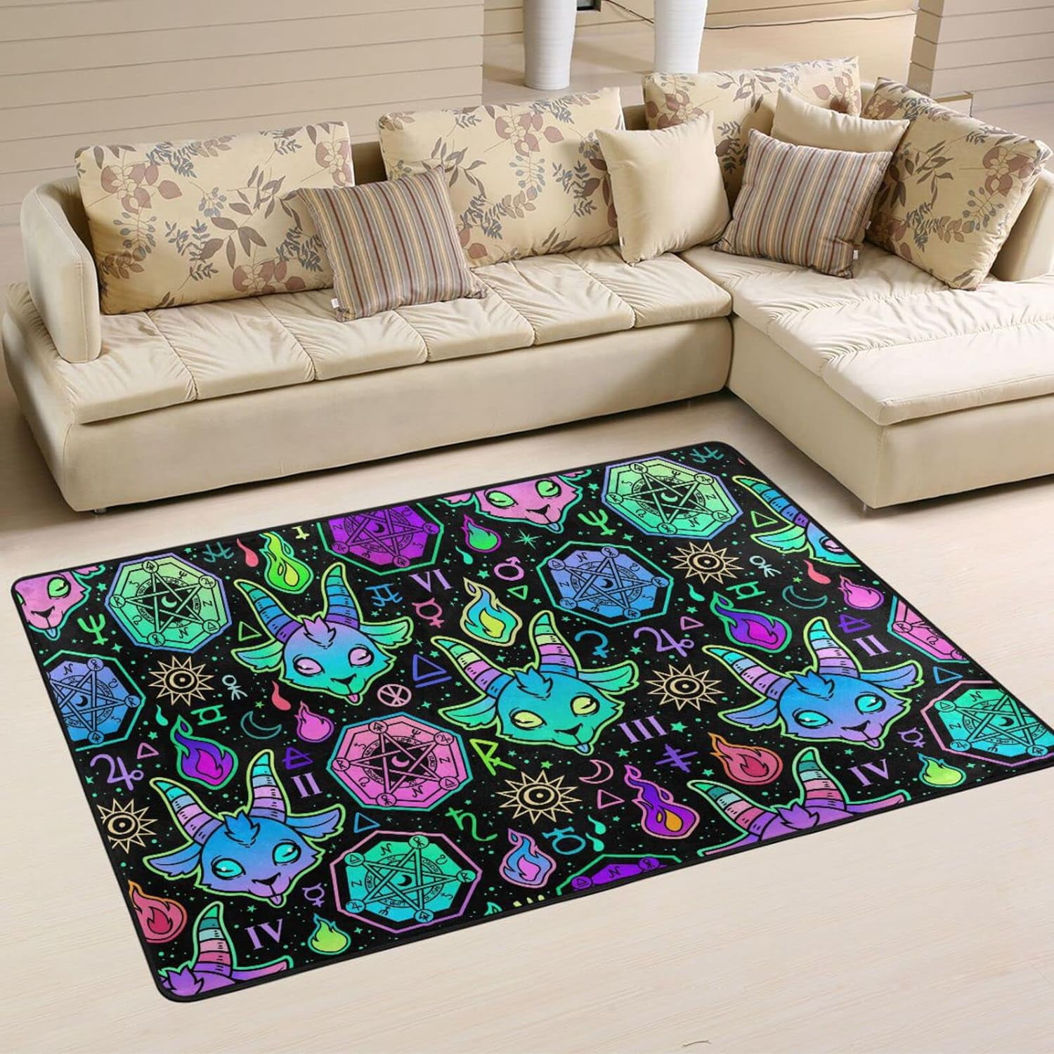 SKYSONIC Bright Animals Symbols Non-Slip Area Rug, Psychedelic ...