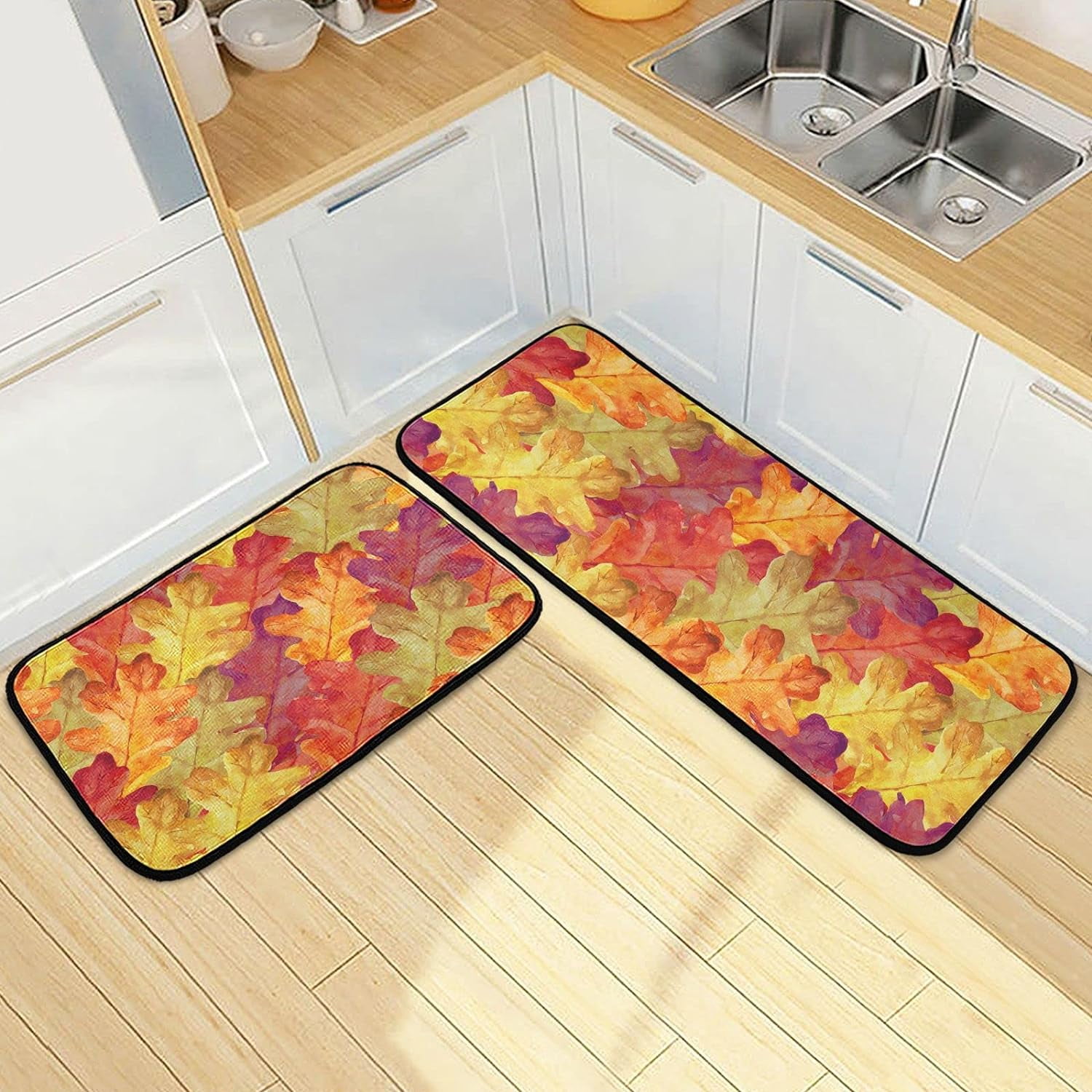 SKYSONIC Bright Autumn Leaves Kitchen Rugs Set of 2, Fall Maple Leaf ...