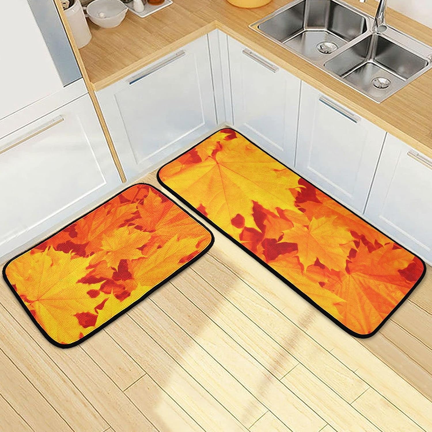 SKYSONIC Bright Colorful Leaves Kitchen Rugs Set of 2, Autumn Landscape ...