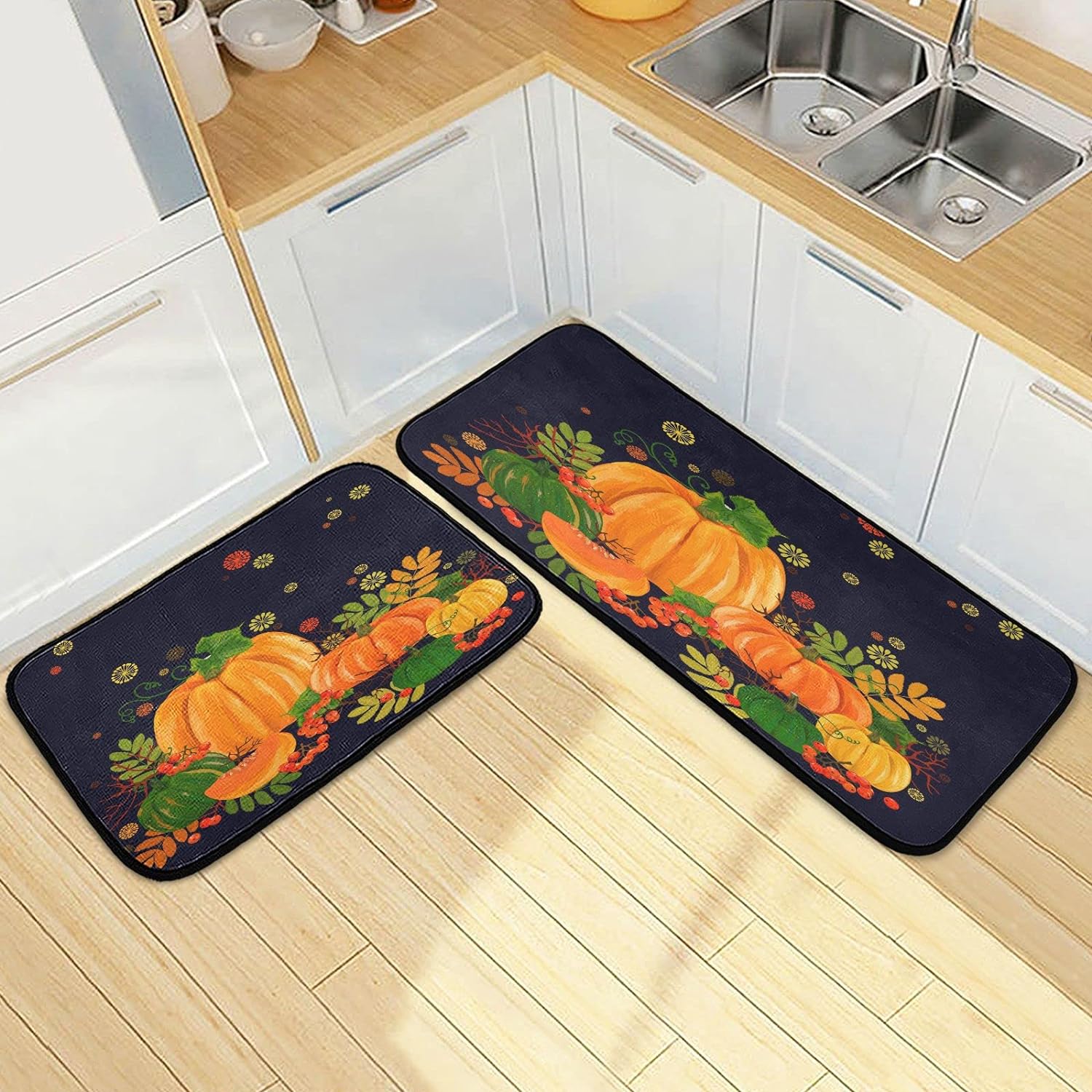 SKYSONIC Bright Fall Pumpkin Kitchen Rugs Set of 2, Autumn Harvest ...