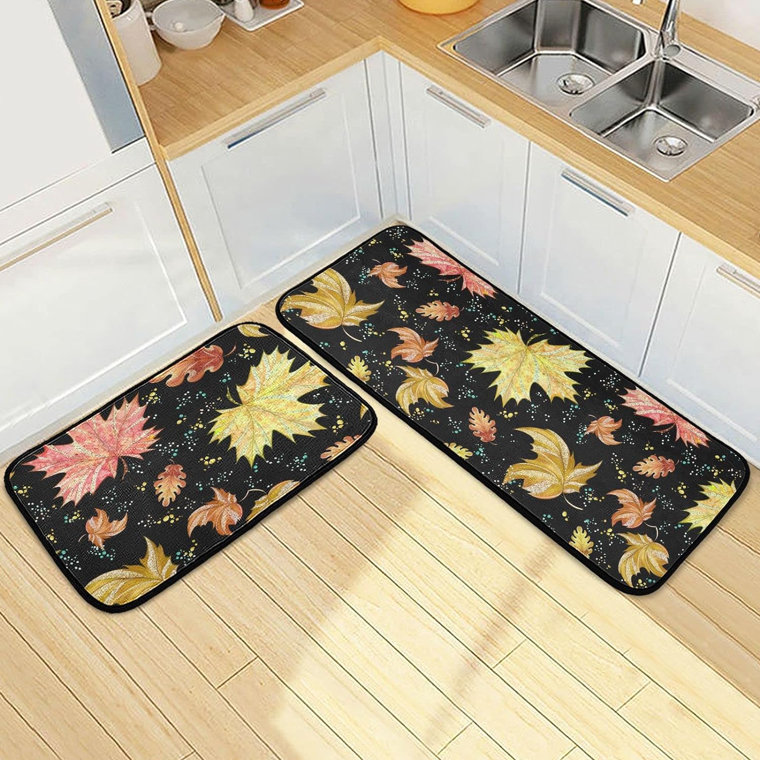 SKYSONIC Bright Leaves Autumn Kitchen Rugs 2 Pieces, Fall Foliage Floor ...