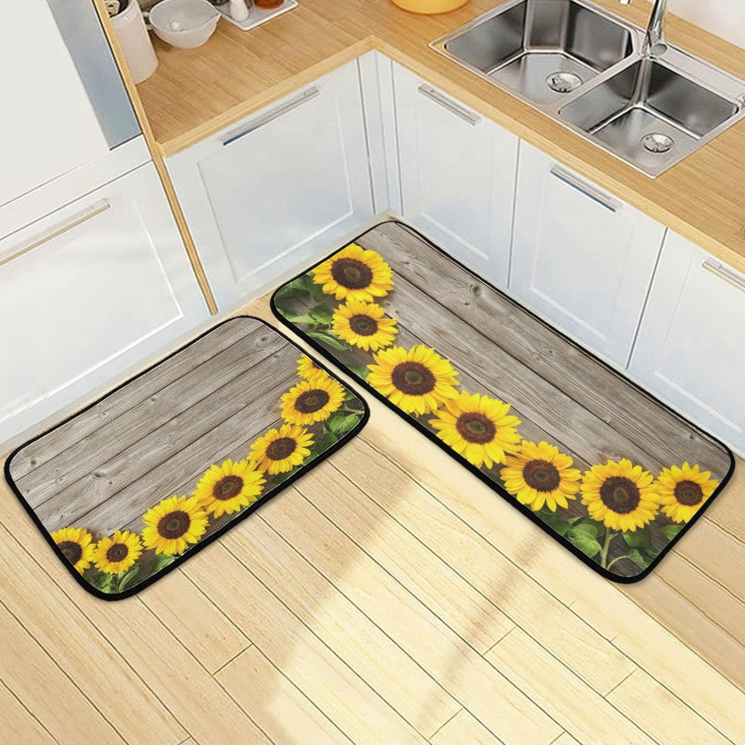 SKYSONIC Bright Sunflowers Kitchen Mats and Rugs Wooden Board Floor ...