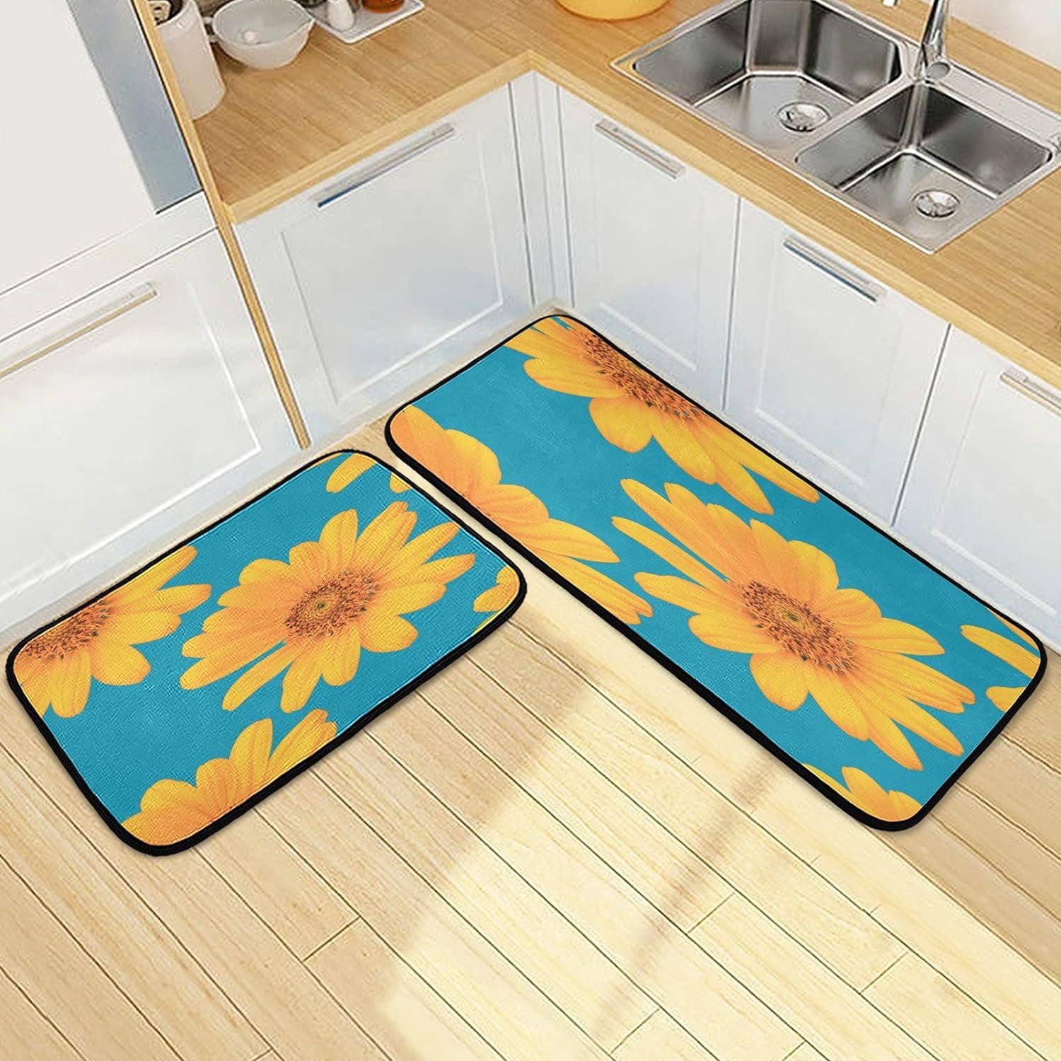 SKYSONIC Bright Sunflowers Kitchen Rugs Set of 2, Yellow Flowers Floor ...