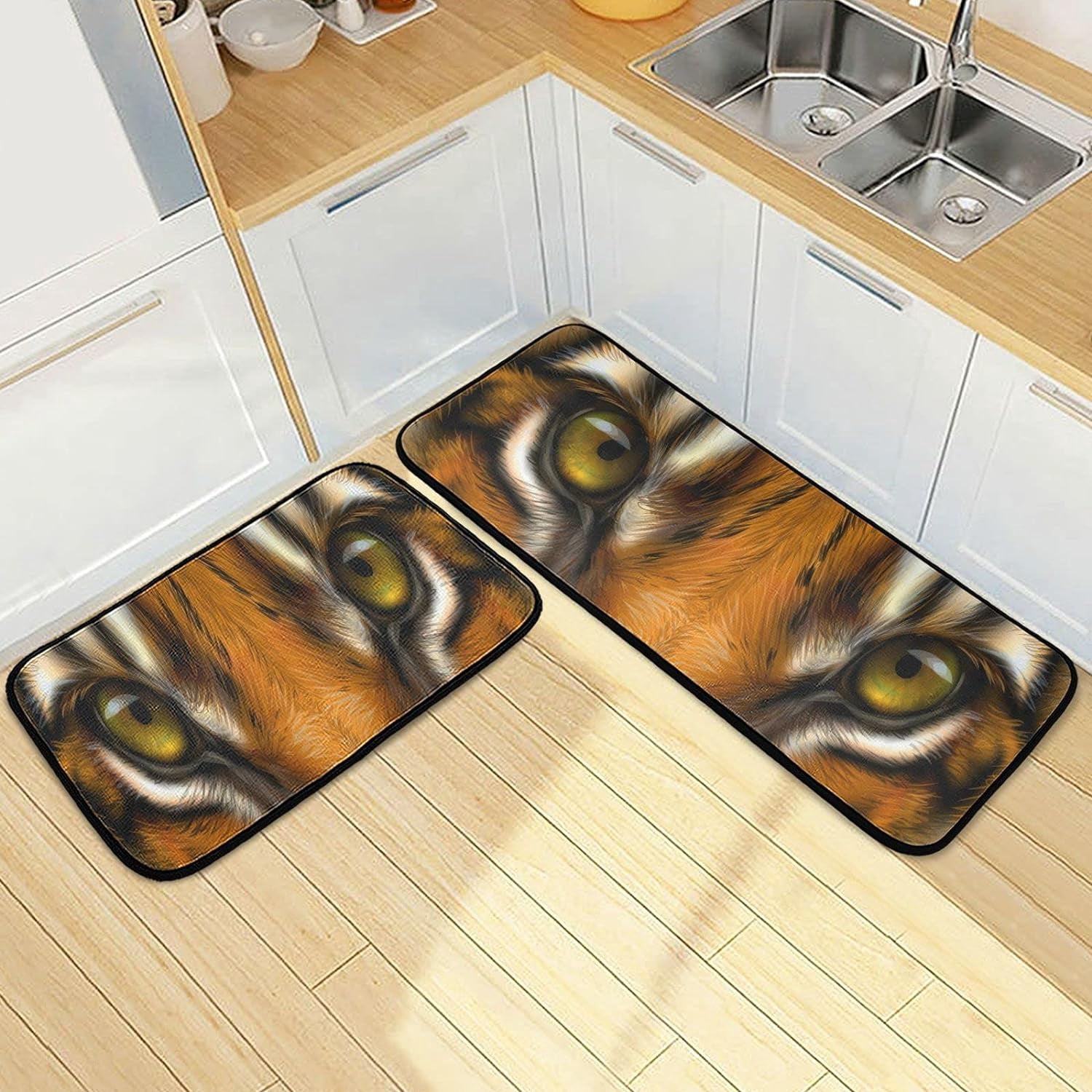 SKYSONIC Bright Tiger Eyes Kitchen Mats Set of 2 Floor Runner Rug Anti ...