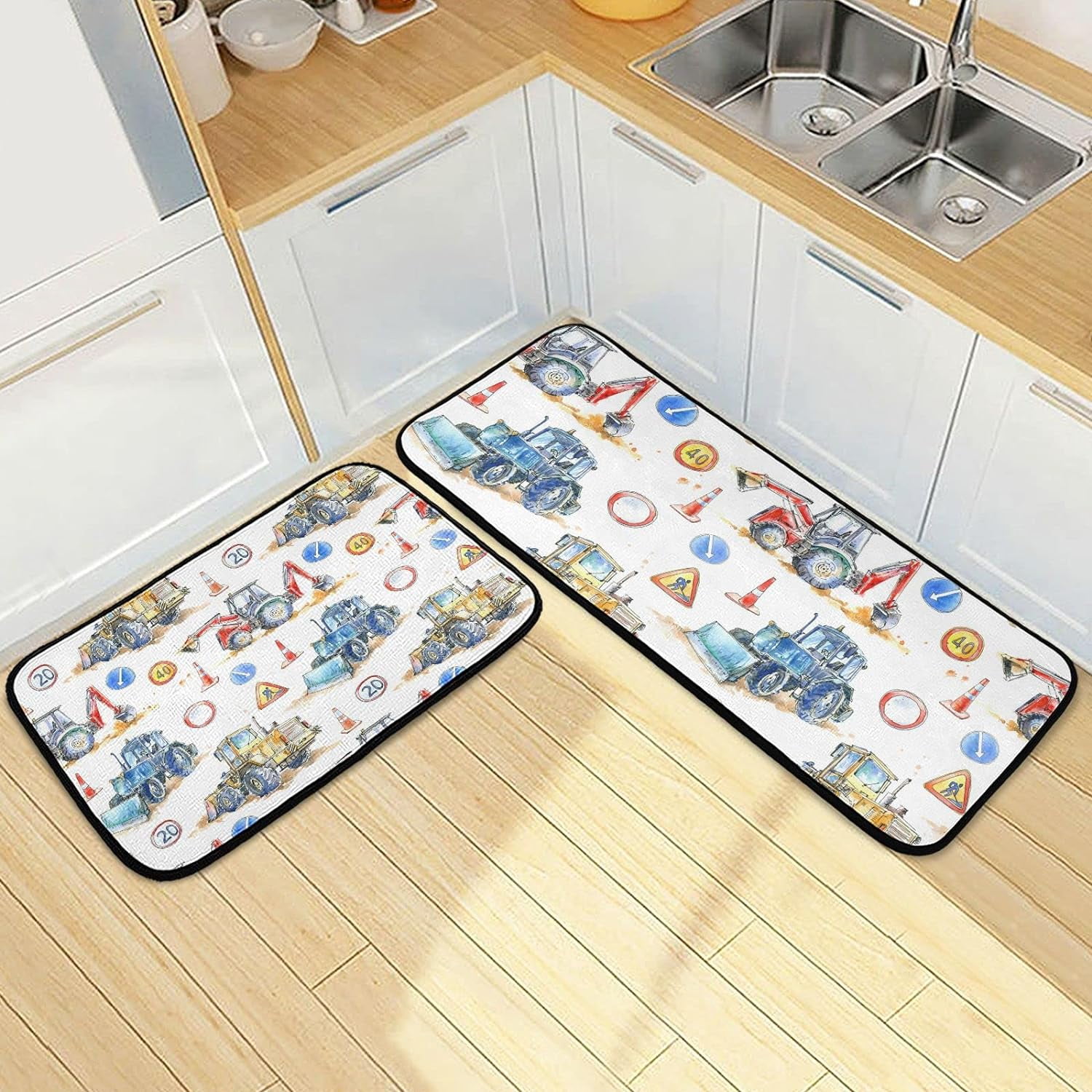 SKYSONIC Bulldozer Road Signs Blue Kitchen Rugs Set of 2, Watercolor ...