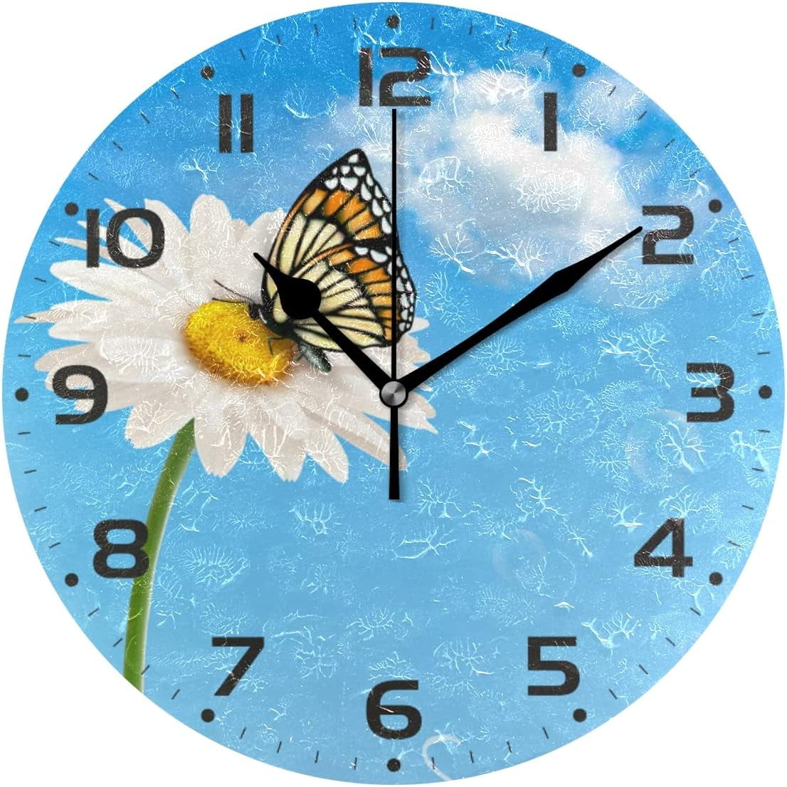 SKYSONIC Butterfly Daisy Wall Clock 10 Inch Silent Non Ticking Round ...