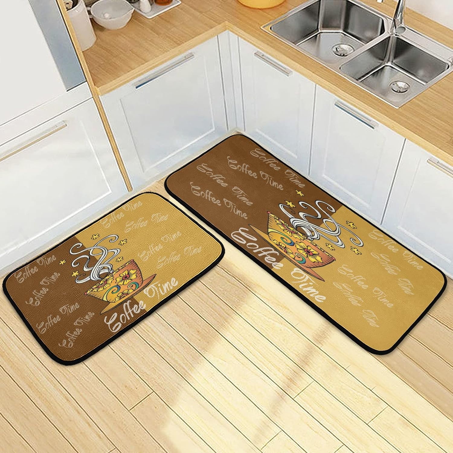 SKYSONIC Cafe Cup Lettering Kitchen Rugs Set of 2, Fall Coffee Time ...