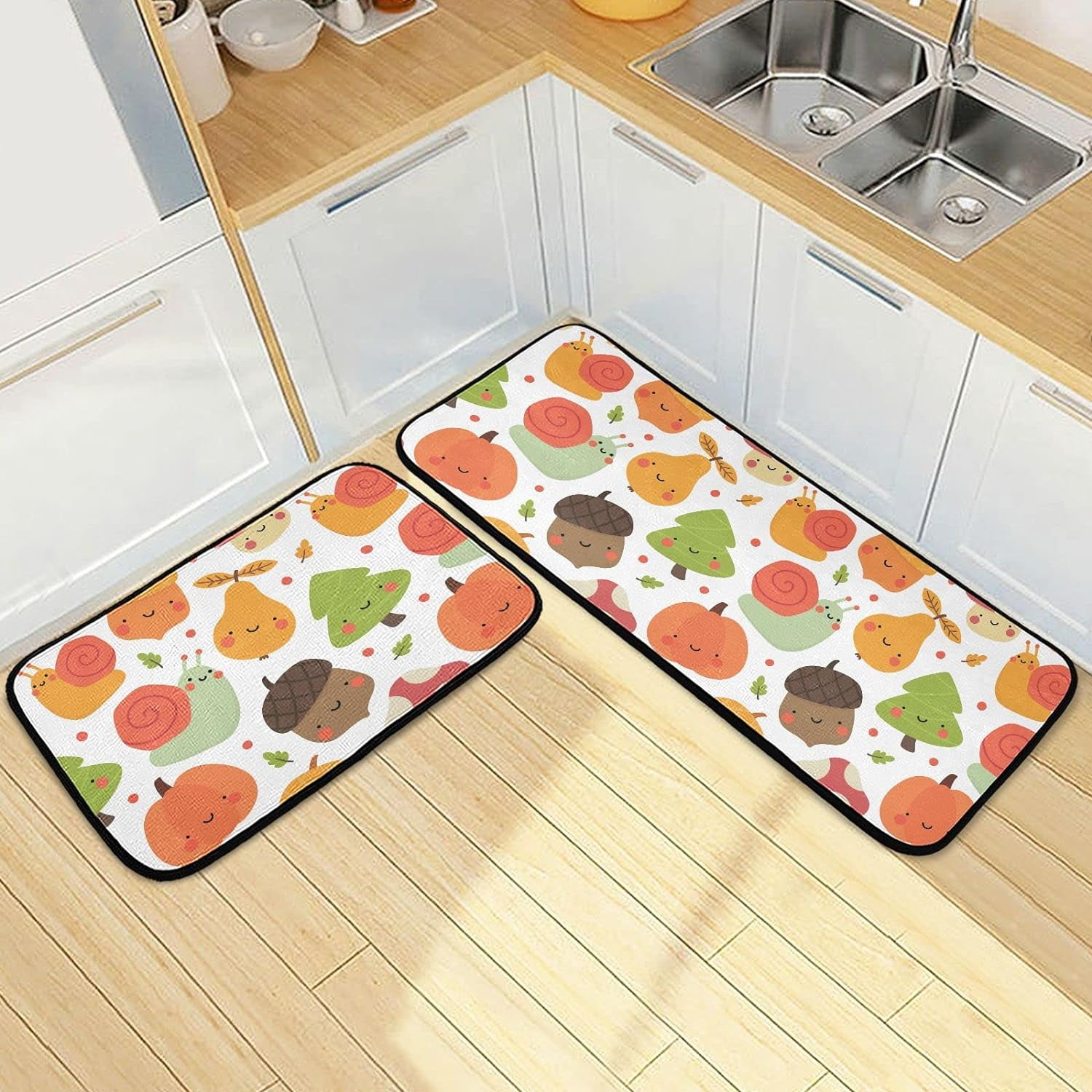 SKYSONIC Cartoon Acorn Snail Kitchen Rugs Set of 2, Autumn Pumpkin ...