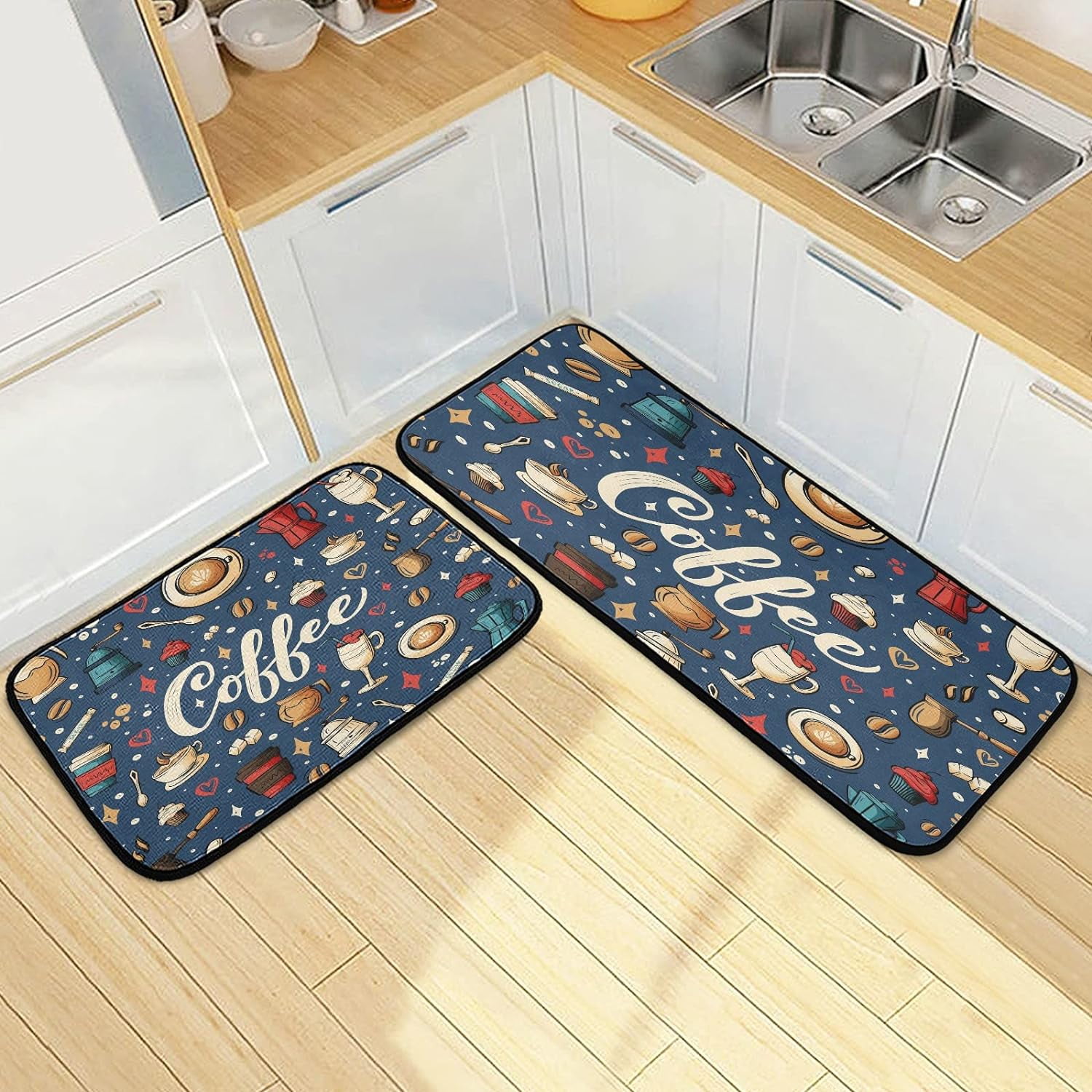 SKYSONIC Cartoon Coffee Theme Kitchen Rugs Set of 2, Cafe Doodles ...