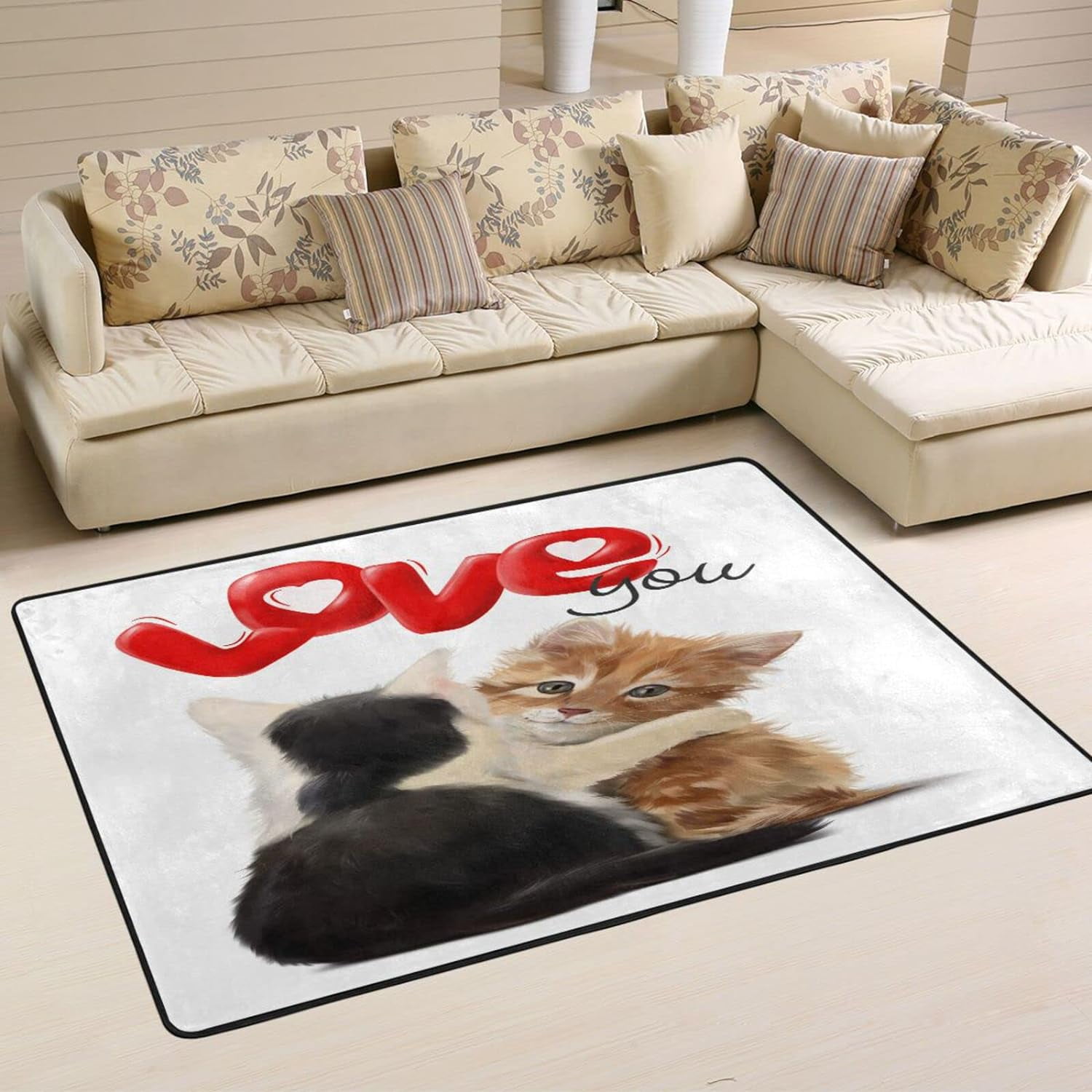 SKYSONIC Cartoon Cute Couple Kittens Non-Slip Area Rug, Valentine's Day ...