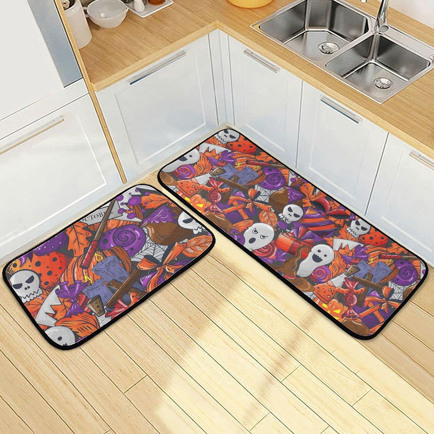 SKYSONIC Cartoon Cute Halloween Kitchen Rugs 2 Pieces, Pumpkin Witch ...