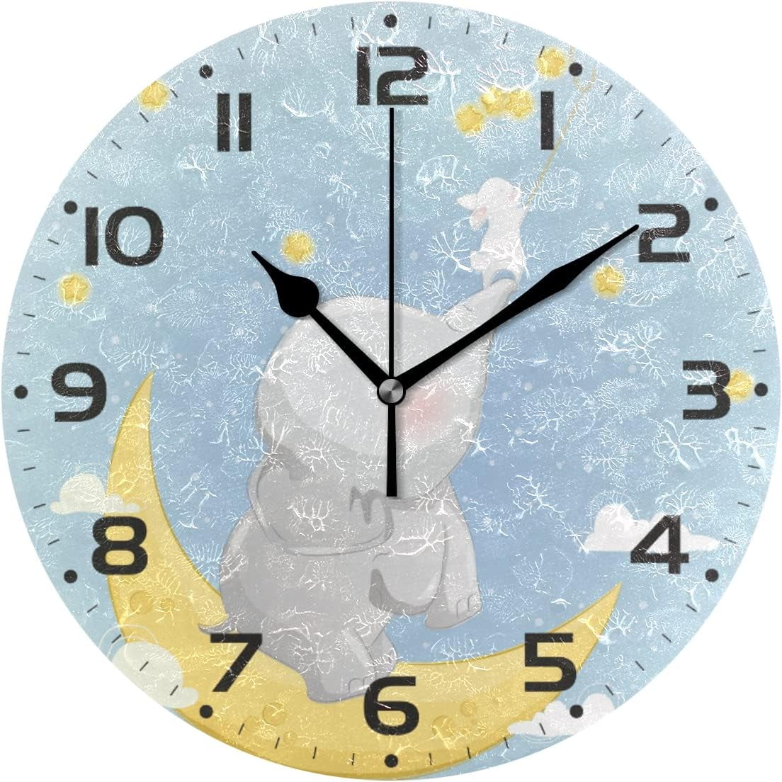 SKYSONIC Cartoon Elephant Wall Clock 10 Inch Silent Non Ticking Round ...