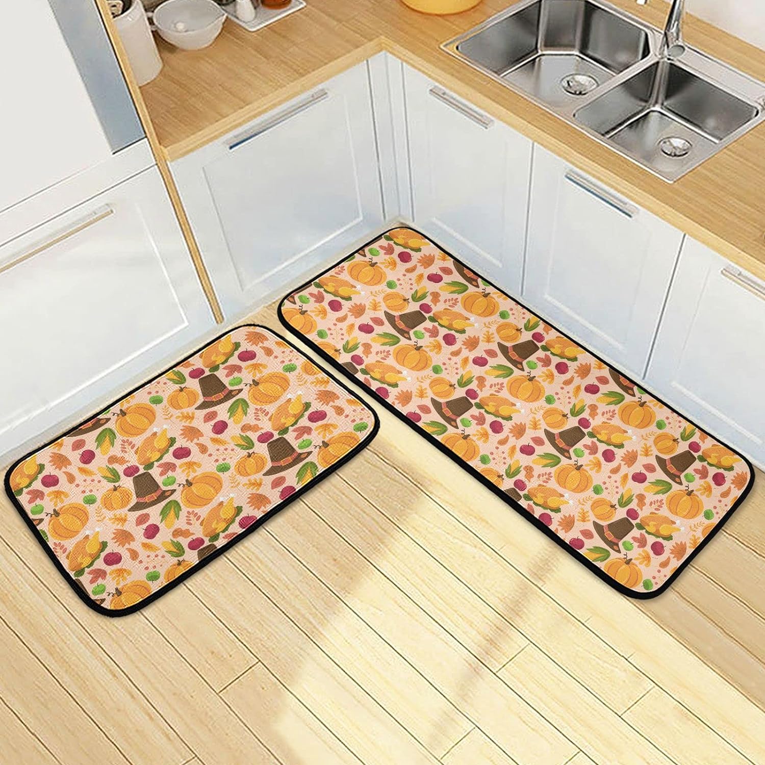 SKYSONIC Cartoon Fall Pumpkins Kitchen Rugs Set of 2, Autumn Leaves ...