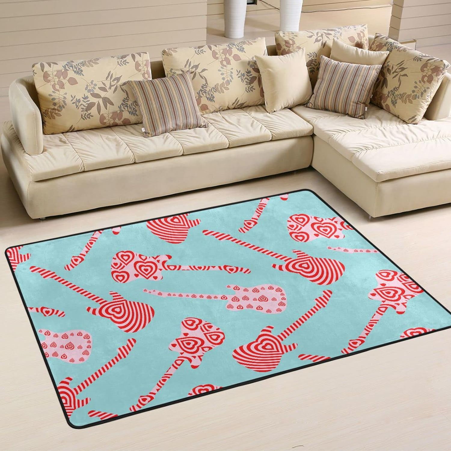 SKYSONIC Cartoon Hearts Finish Guitar Non-Slip Area Rug, Valentine ...