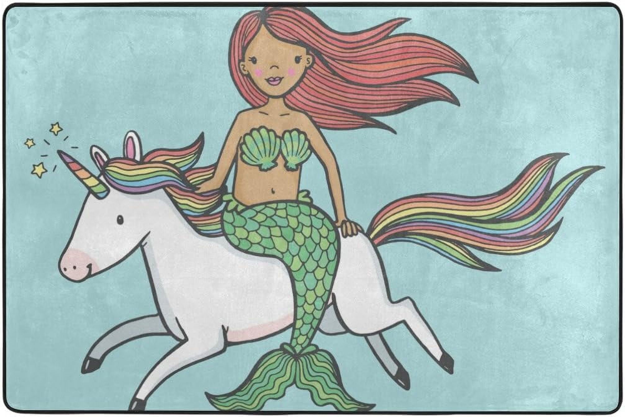 SKYSONIC Cartoon Mermaid Riding Unicorn Area Rug Pad 24x36 Inch 100% ...