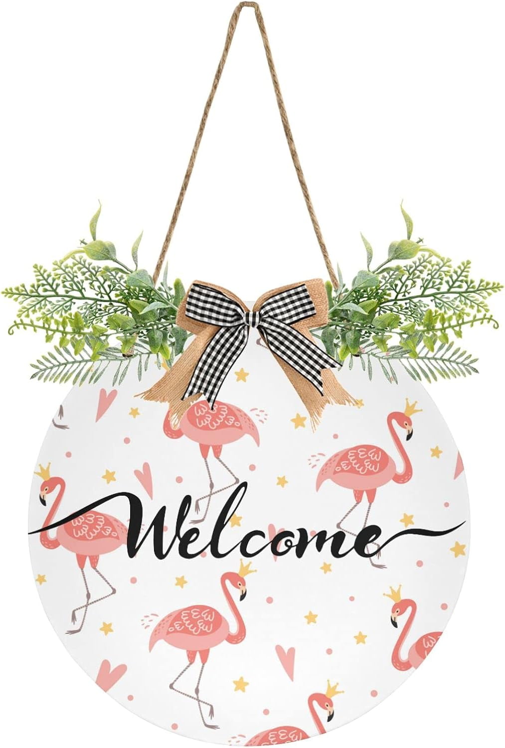 SKYSONIC Cartoon Pink Flamingo Welcome Sign Front Door Decor Round Door ...