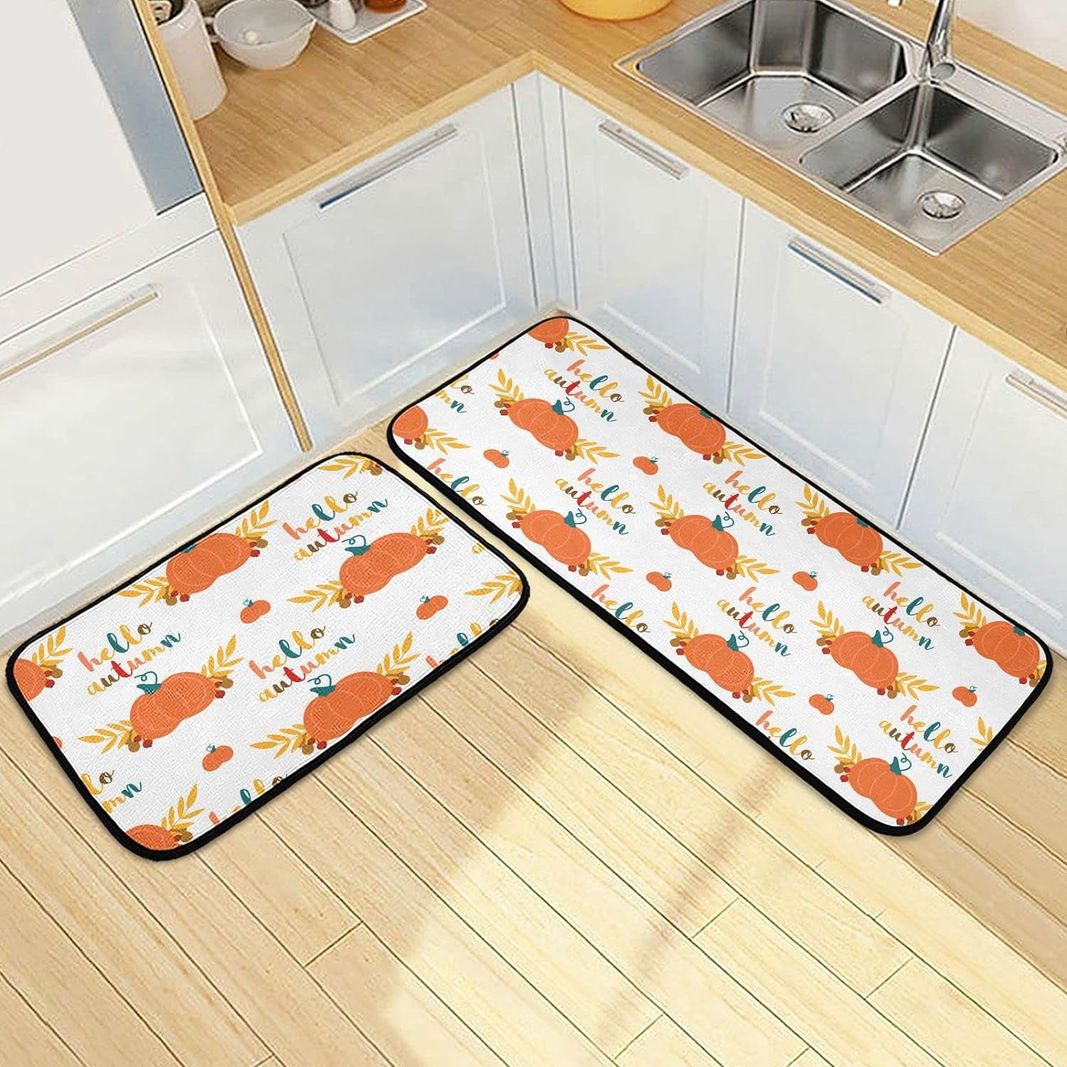 SKYSONIC Cartoon Pumpkin Kitchen Rugs Set of 2, Hello Autumn Quote ...