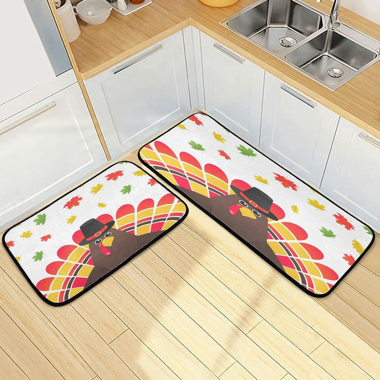 SKYSONIC Cartoon Turkey Bird Kitchen Rugs Set of 2, Colorful Autumn ...