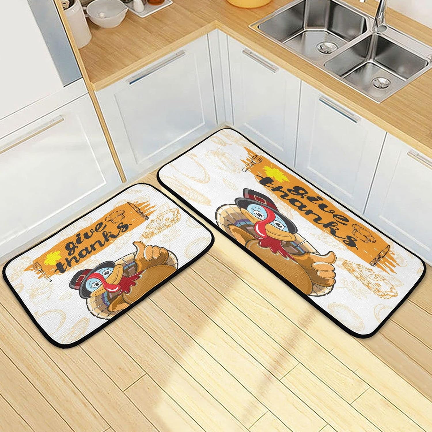 SKYSONIC Cartoon Turkey Kitchen Rugs Set of 2, Thanksgiving Food Floor ...