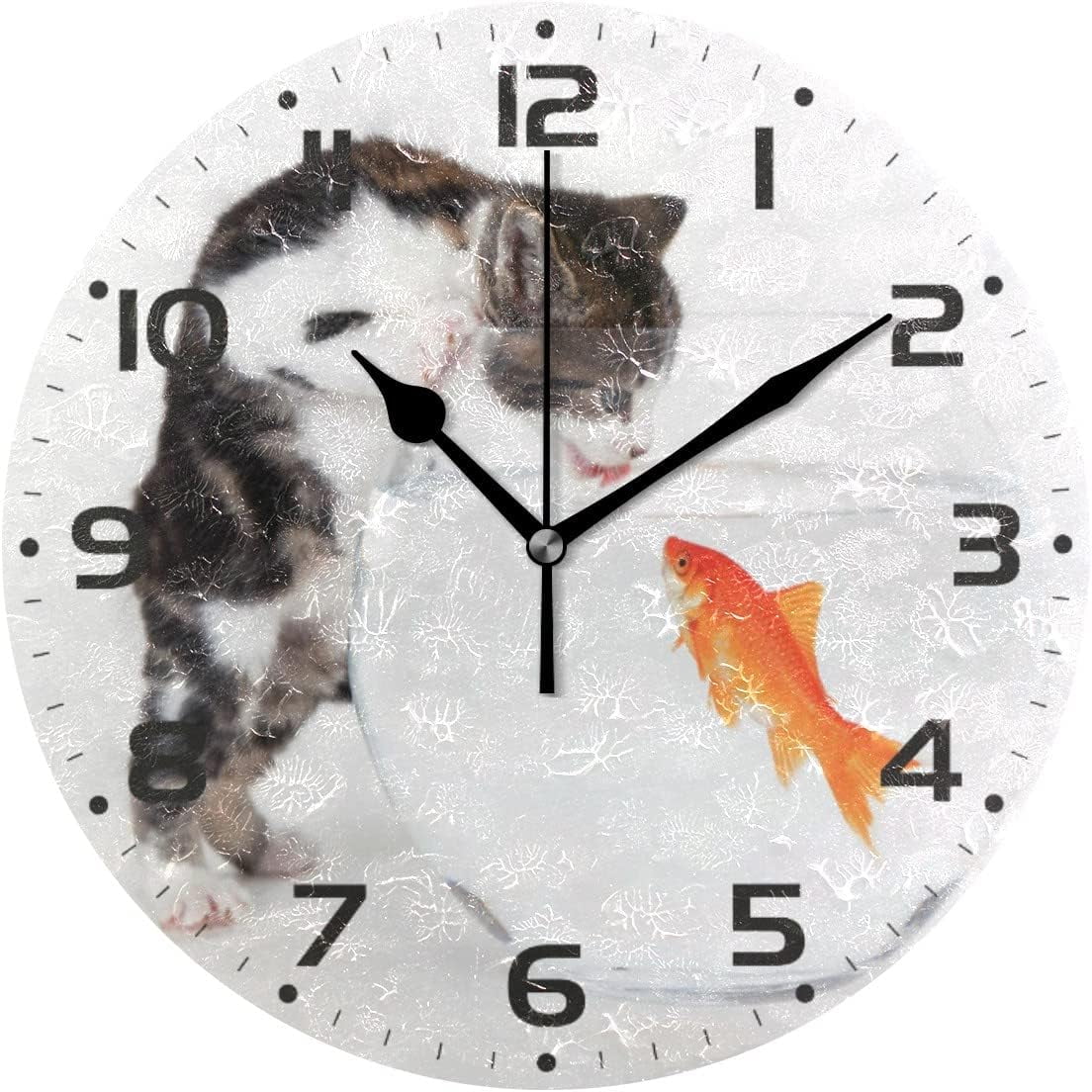 SKYSONIC Cat Koi Fish Wall Clock 10 Inch Silent Non Ticking Round Clock ...