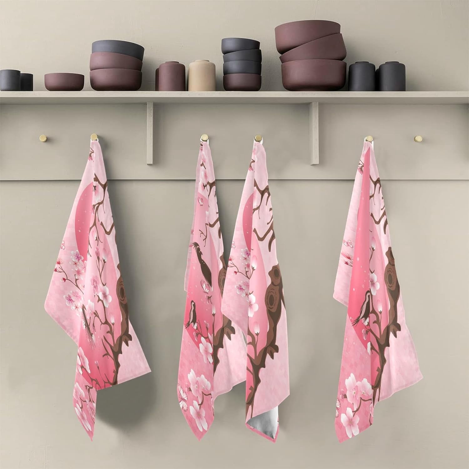 SKYSONIC Cherry Blossom Tree with Two Bird Kitchen Dish Towel Set ...