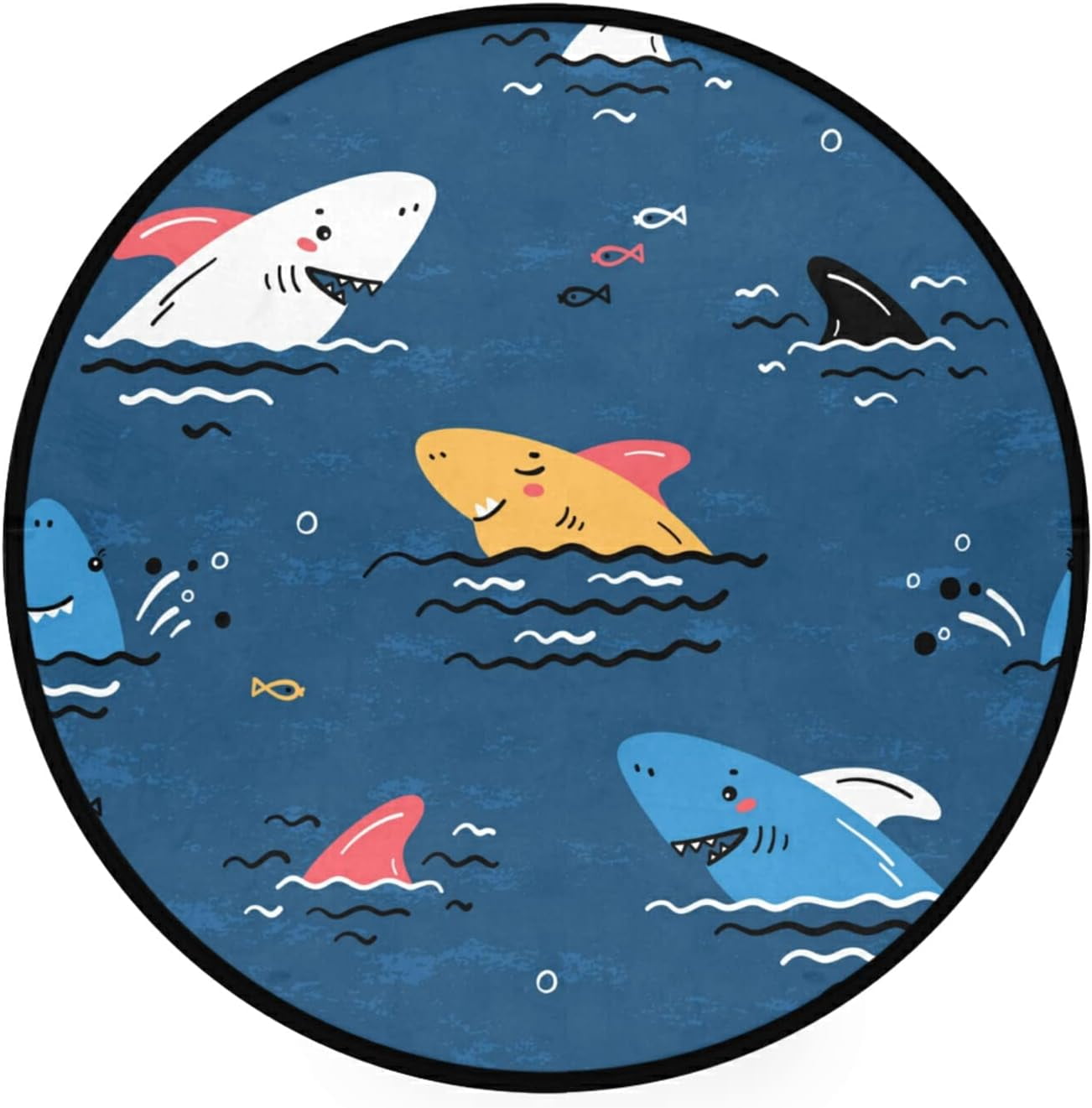 SKYSONIC Childish Doodle Shark Sea Waves Round Area Rug Chair Couch ...