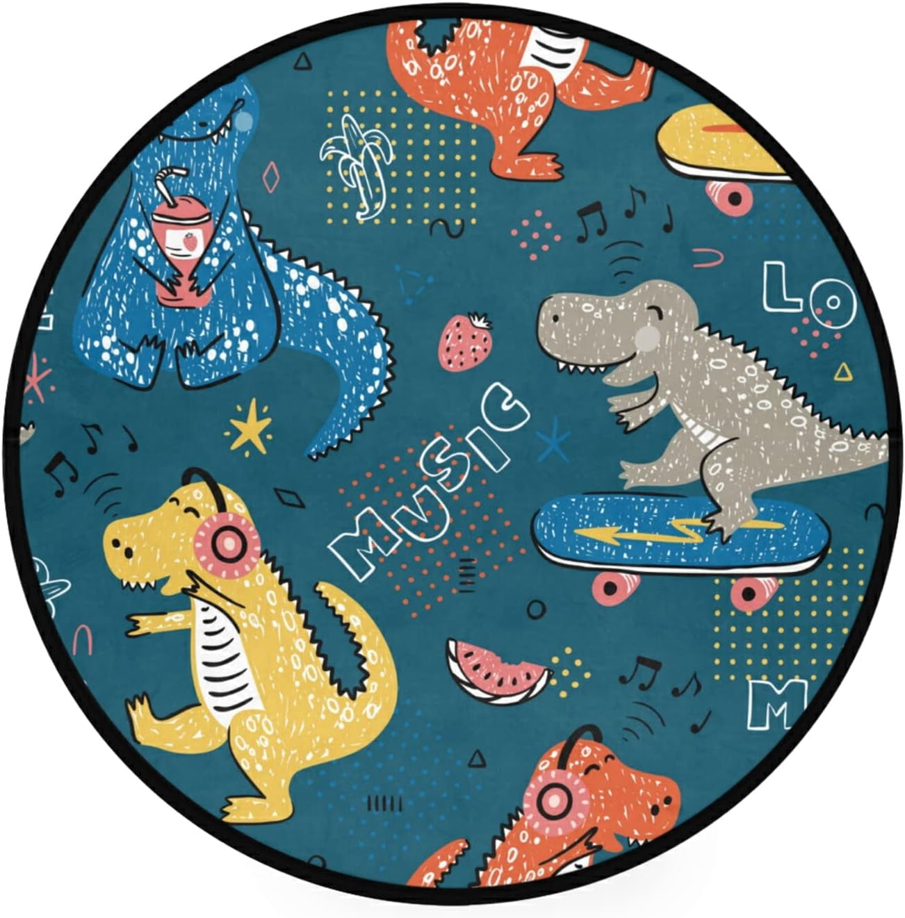SKYSONIC Childish Music Lover Dinosaur Blue Round Area Rug Chair Couch ...
