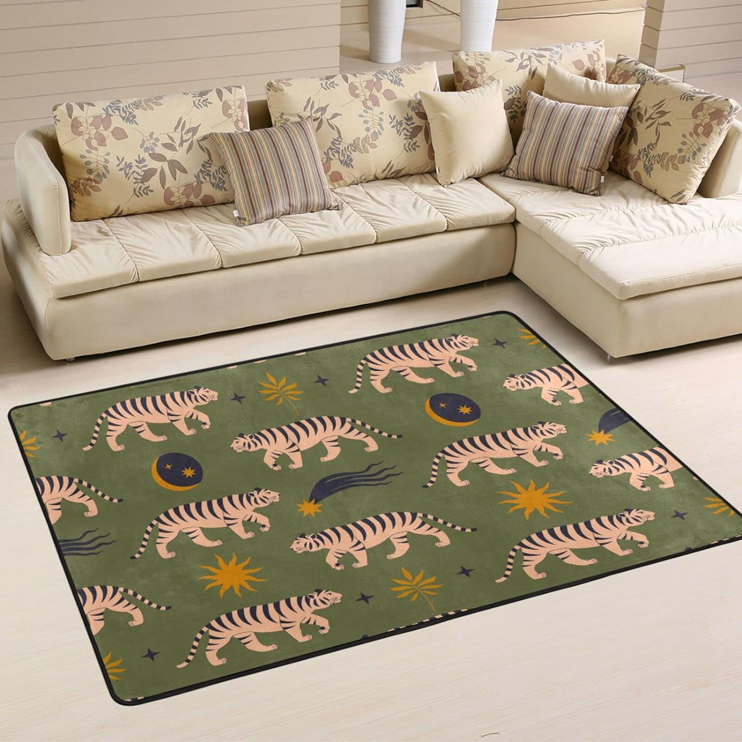 SKYSONIC Chinese Tigers Sun Moon Non-Slip Area Rug, Boho Asian Cartoon ...