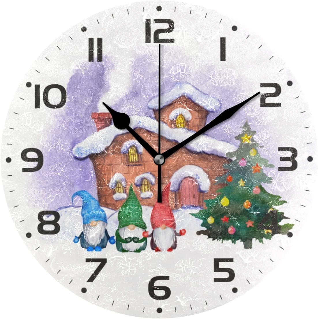 SKYSONIC Christmas Gnome Wall Clock 10 Inch Silent Non Ticking Round ...