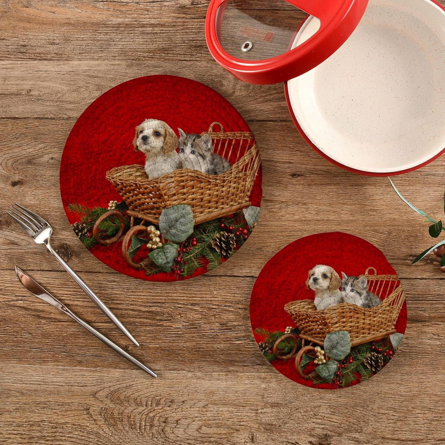 SKYSONIC Christmas Puppy Kitten Pot Holders Trivets, 2 Pcs Heat ...
