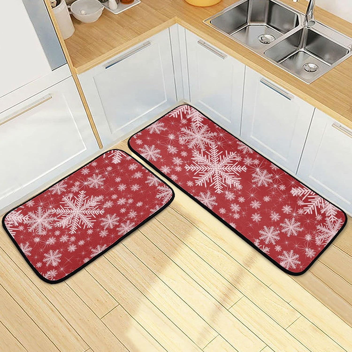 SKYSONIC Christmas Snowflakes Kitchen Mats Set of 2 Red New Year Anti ...