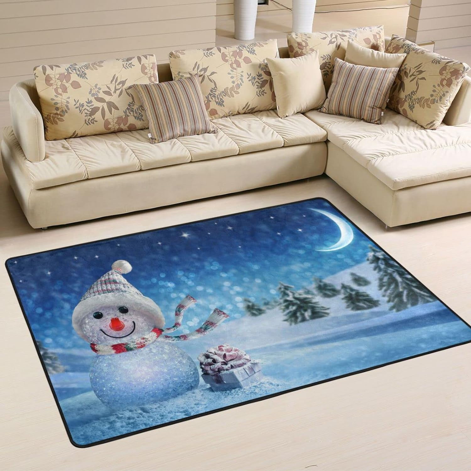 SKYSONIC Christmas Snowman Non-Slip Area Rug, Winter Forest Night Floor ...