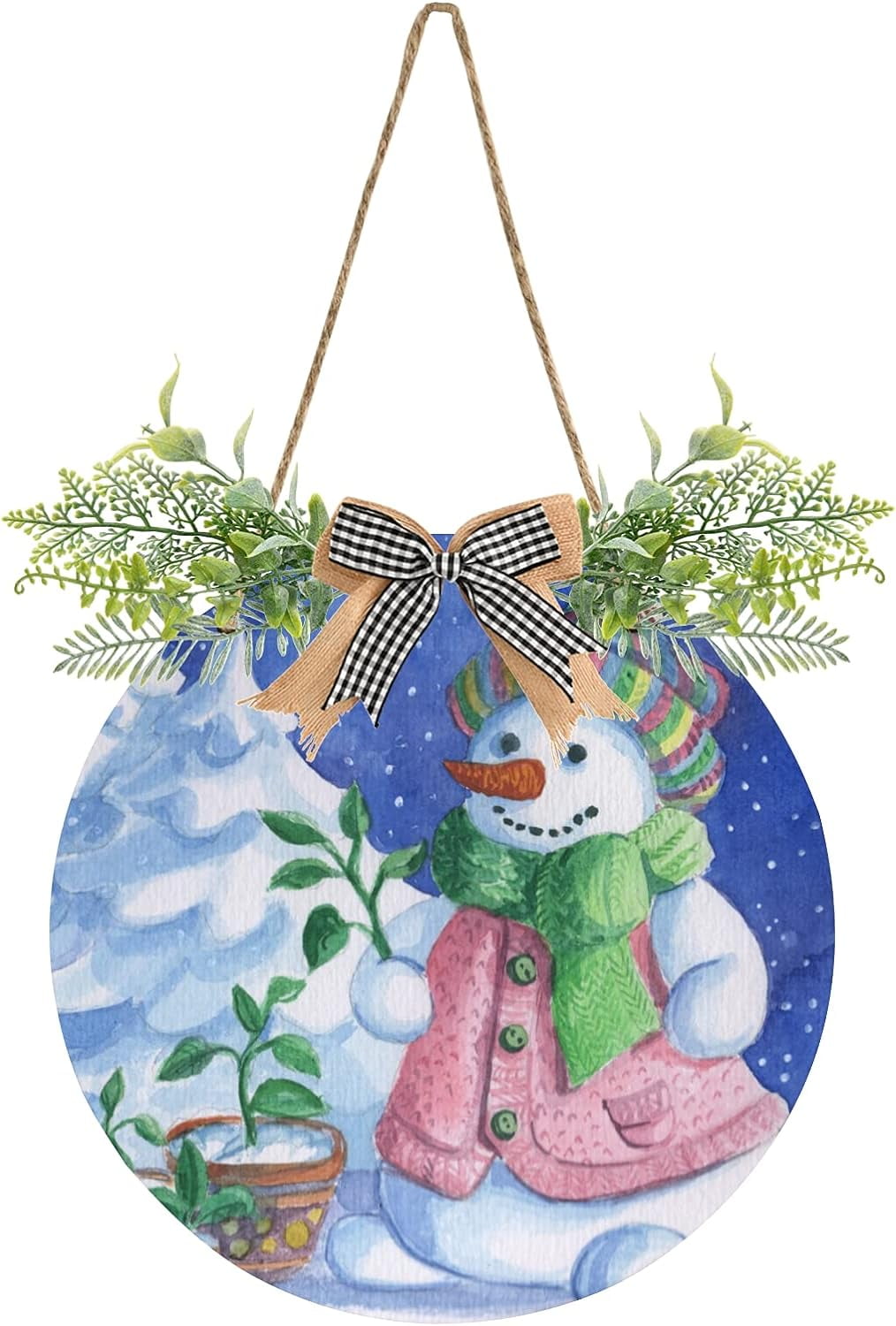 SKYSONIC Christmas Snowman Welcome Sign Front Door Decoration Round ...