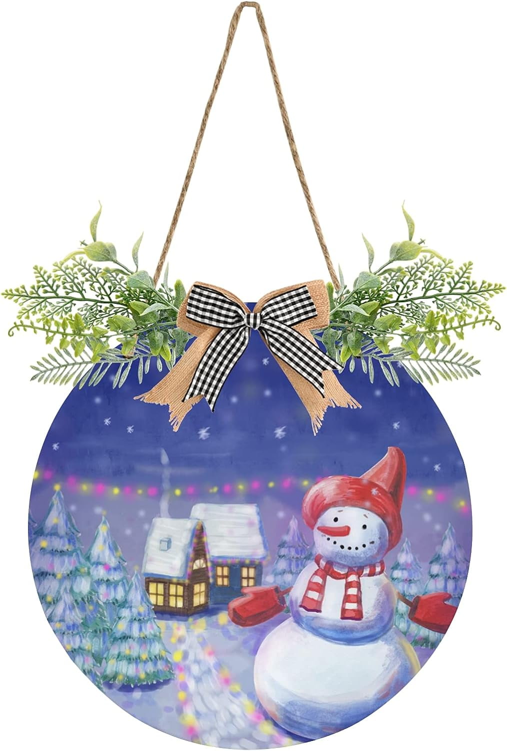 SKYSONIC Christmas Snowman Welcome Sign Front Door Decoration Round ...