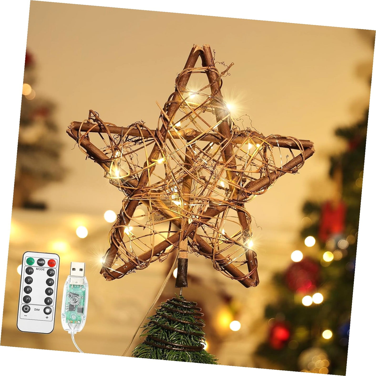 SKYSONIC Christmas Tree Topper, Rattan String Wood Christmas Star Tree ...