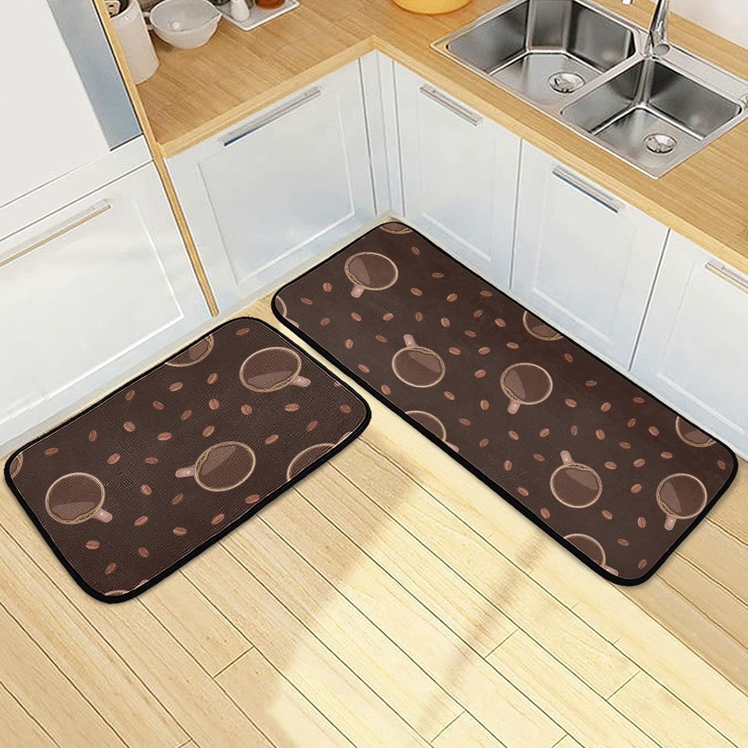 SKYSONIC Coffee Bean Cup Kitchen Rugs Set of 2, Brown Floor Runner Area ...