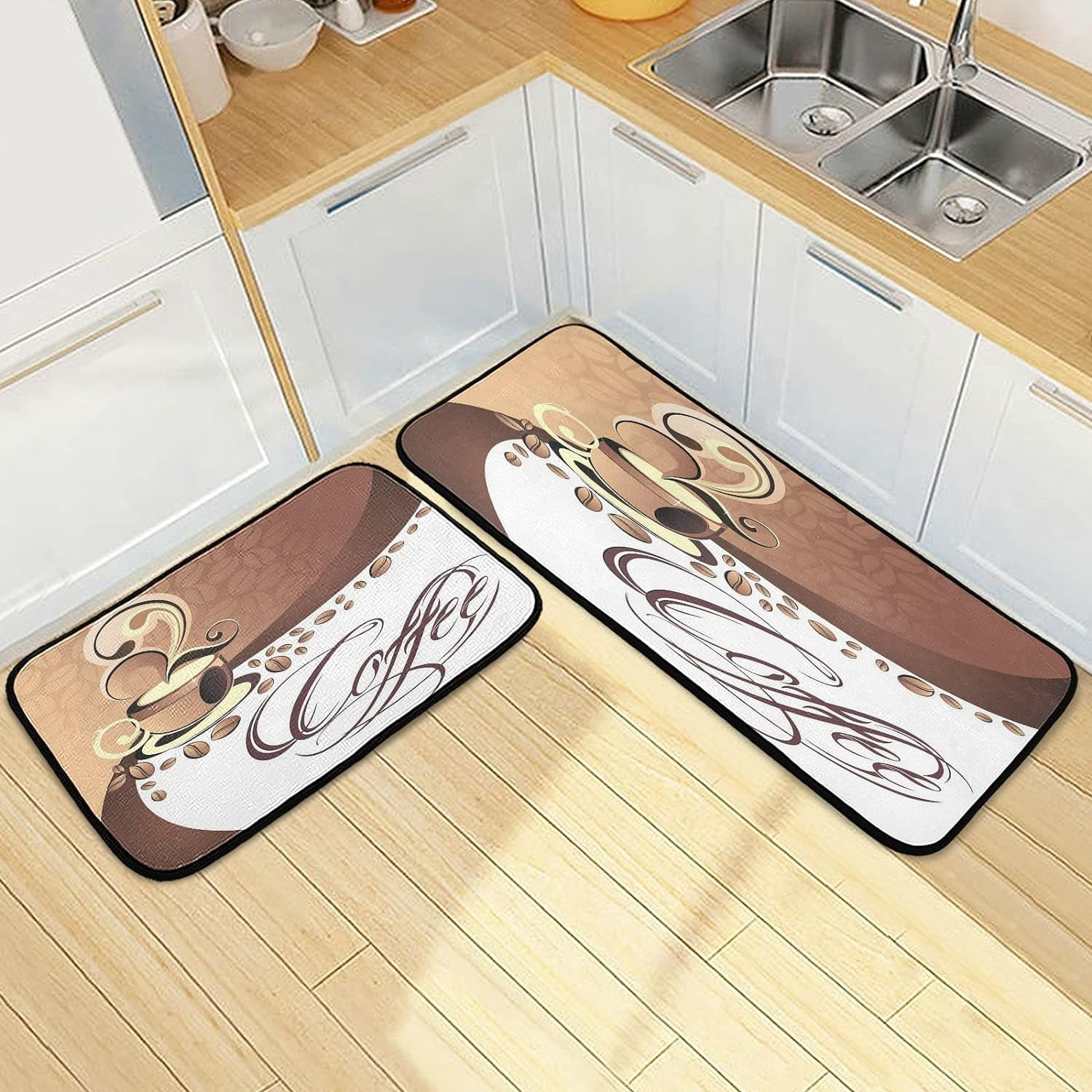SKYSONIC Coffee Bean Kitchen Rugs Set of 2, Cafe Cup Floor Runner Area ...