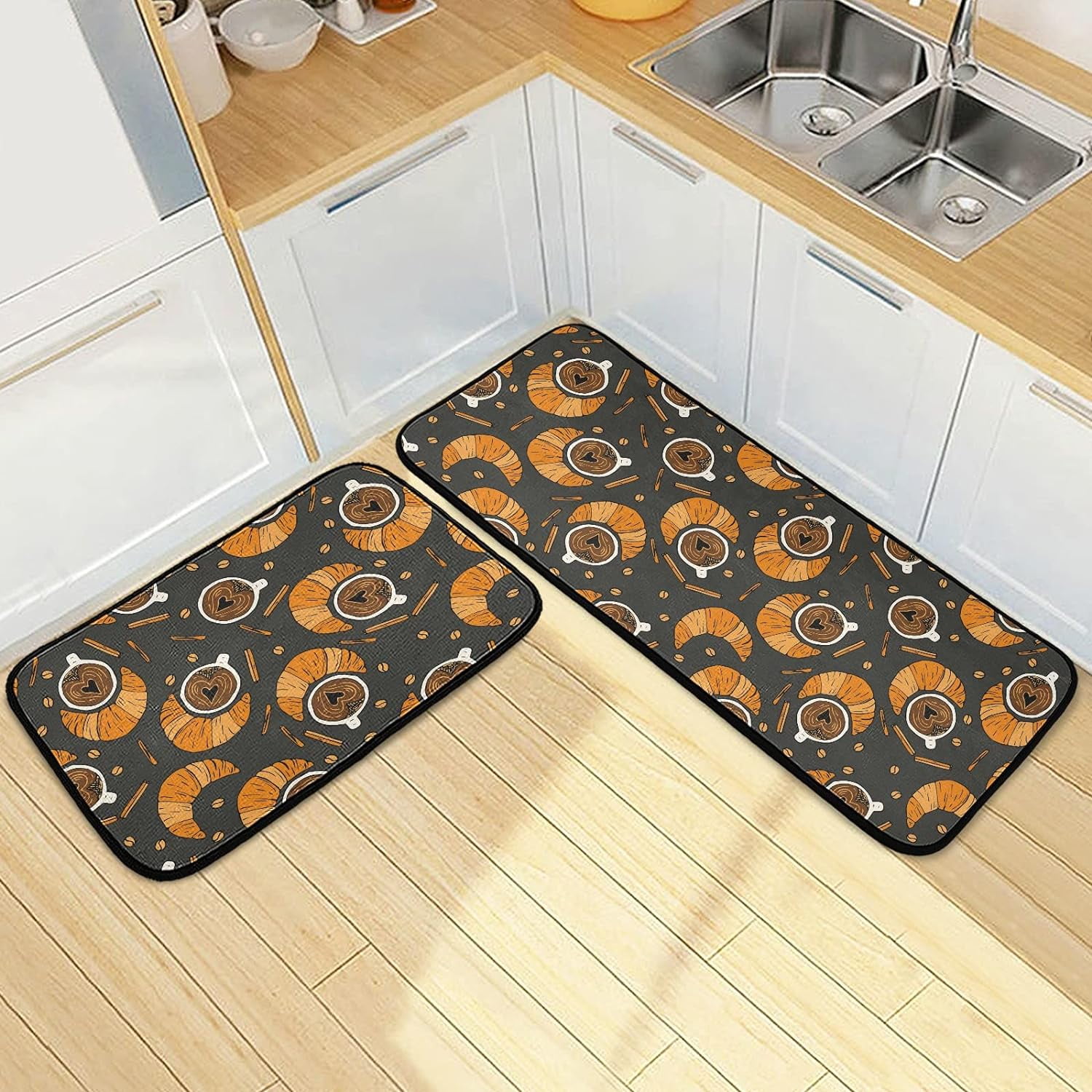 SKYSONIC Coffee Beans Cup Croissant Kitchen Rugs Set of 2, Cartoon ...