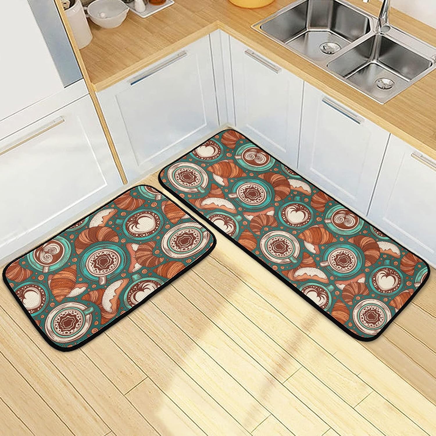 SKYSONIC Coffee Bread Croissant Kitchen Rugs Set of 2, Cartoon Green ...