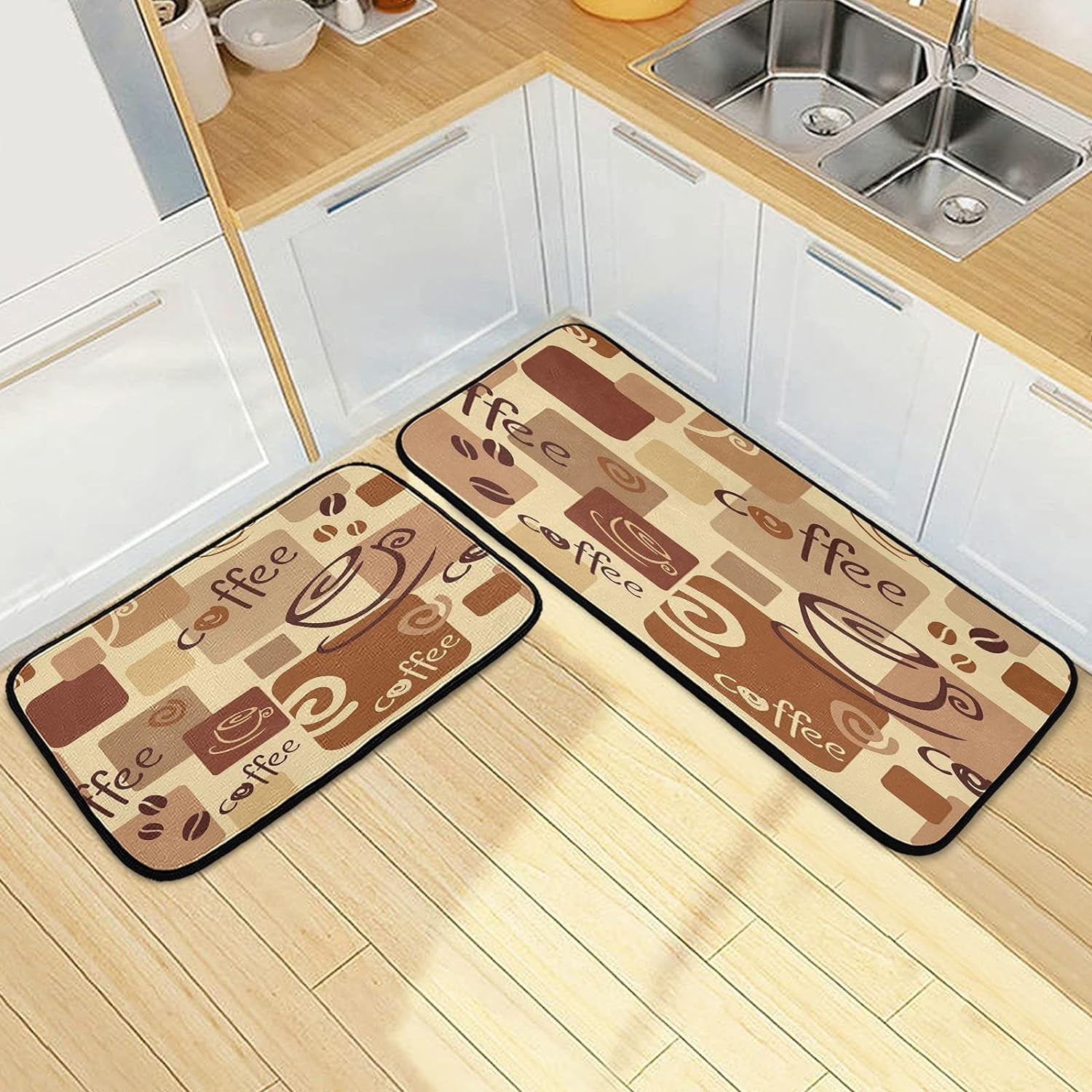 SKYSONIC Coffee Brown Kitchen Rugs Set of 2, Coffee Bean Floor Runner ...