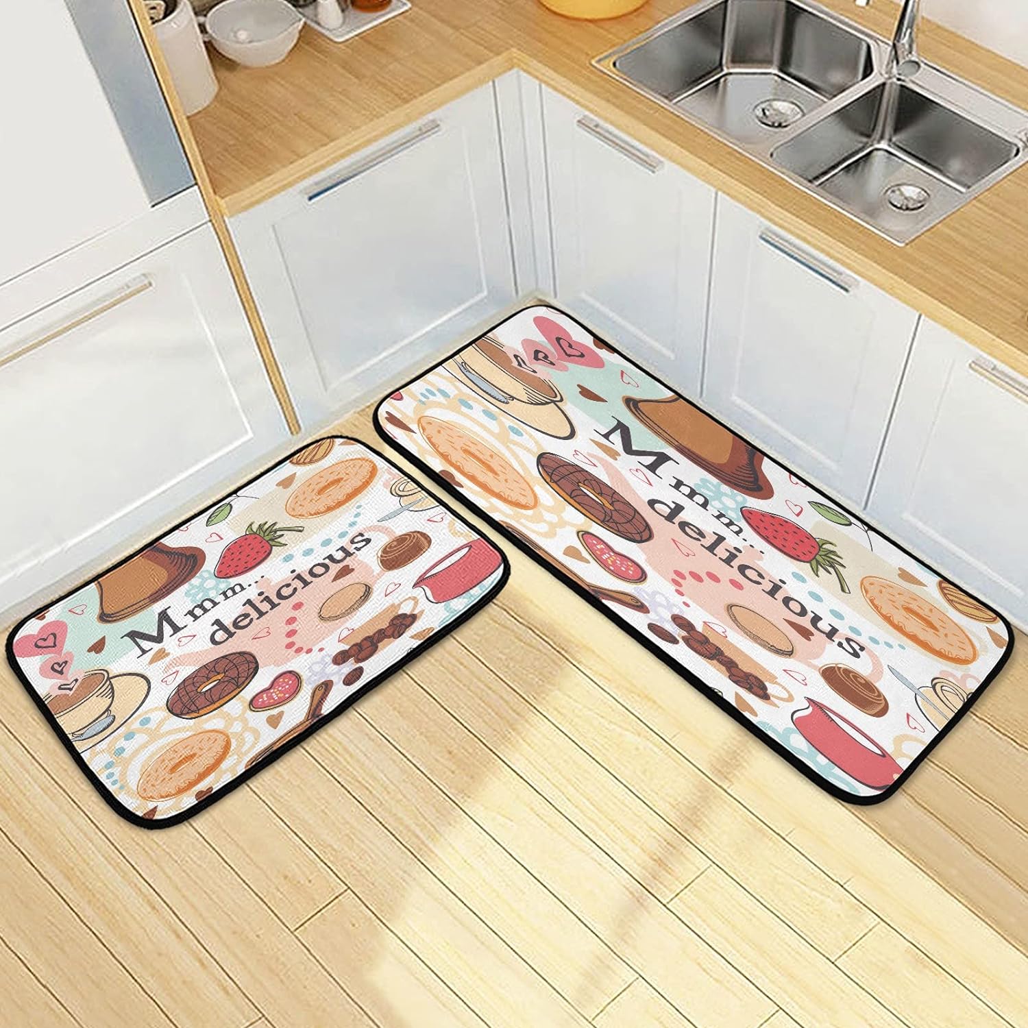 SKYSONIC Coffee Cake Pattern Kitchen Rugs Set of 2, Cartoon Floor ...