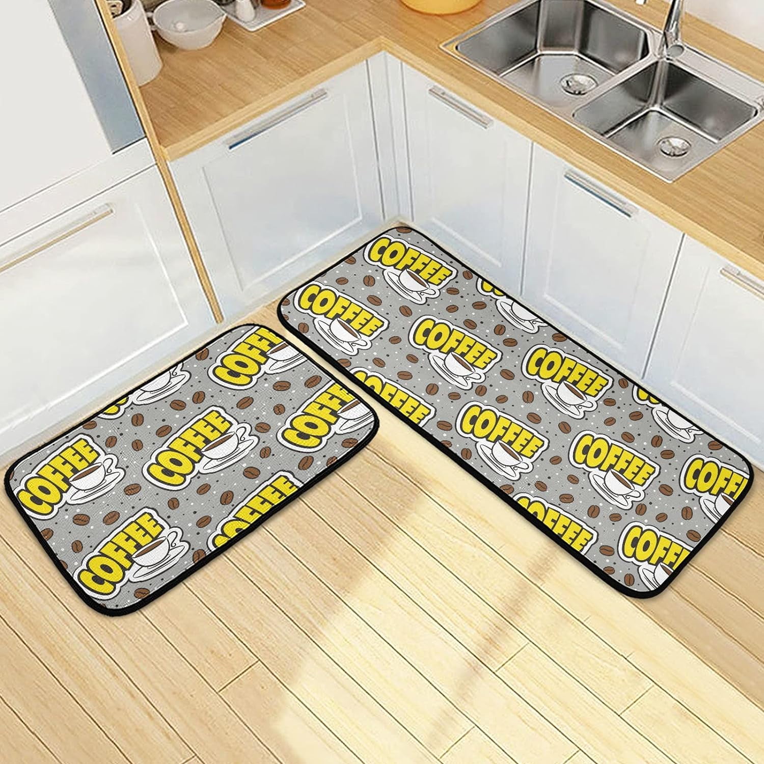 SKYSONIC Coffee Cup Bean Kitchen Rugs Set of 2, Gray Cartoon Yellow ...