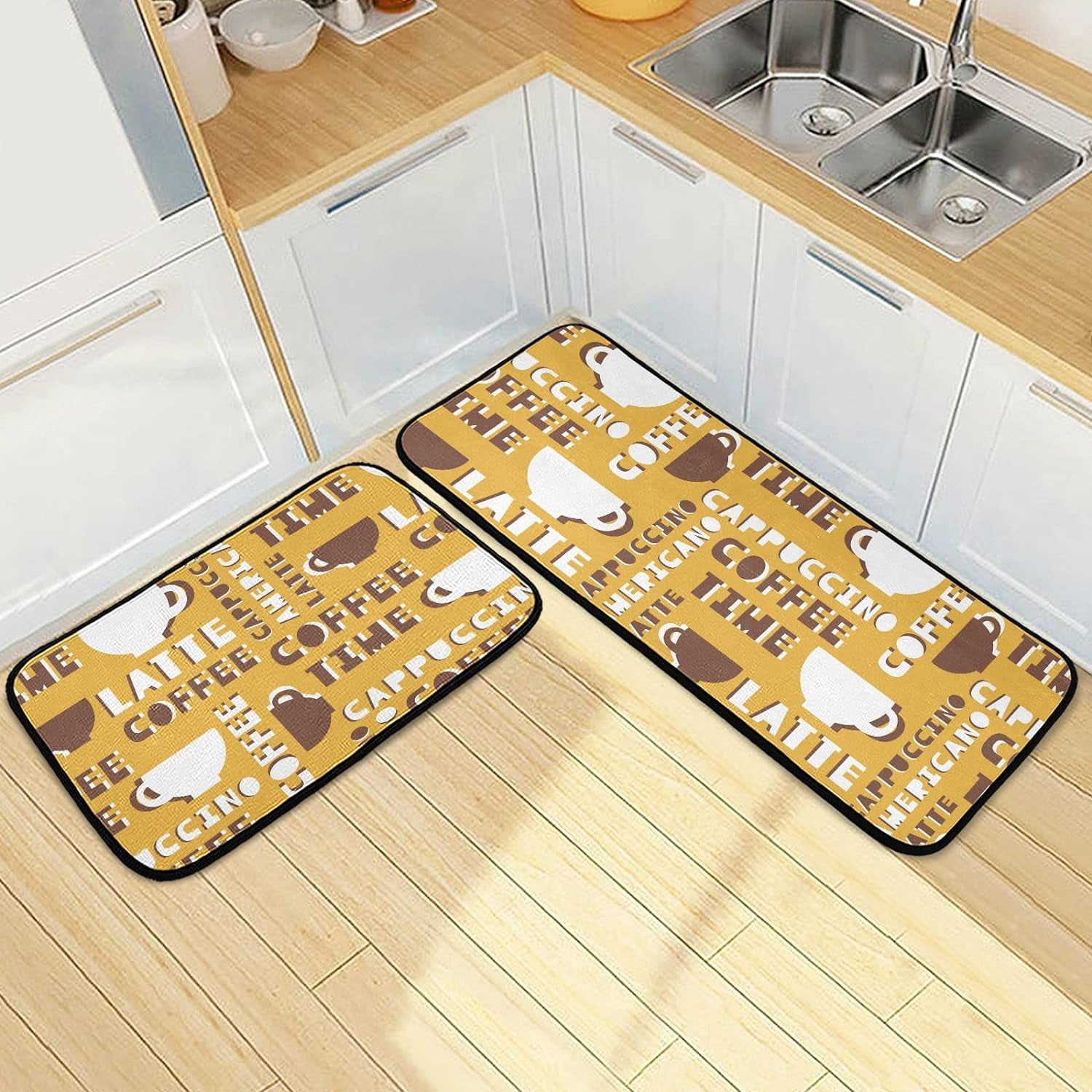 SKYSONIC Coffee Cup Yellow Kitchen Rugs Set of 2, Latte Cappucino Floor ...