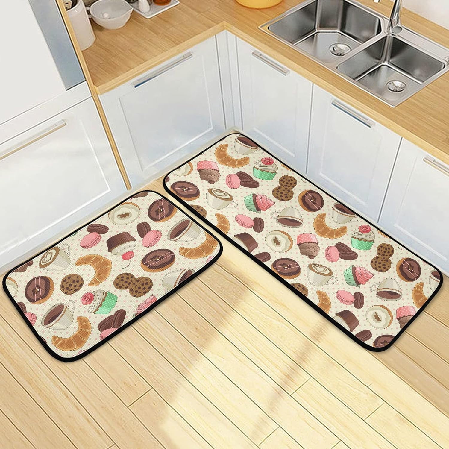 SKYSONIC Coffee Donut Chocolate Kitchen Rugs Set of 2, Cupcakes Cookies ...
